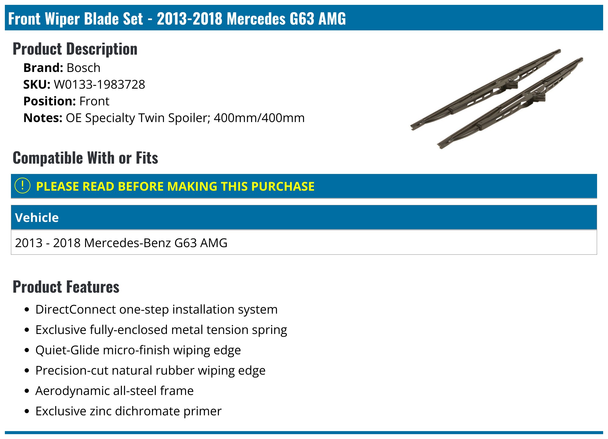 2013-2018 Mercedes G63 AMG Wiper Blade - Bosch W0133-1983728 - Front ...