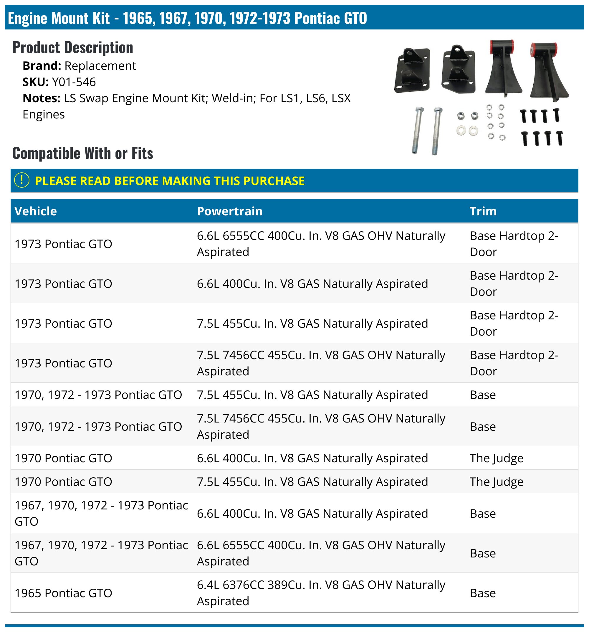 1965, 1967, 1970, 1972-1973 Pontiac GTO Engine Mount - Replacement Y01 ...