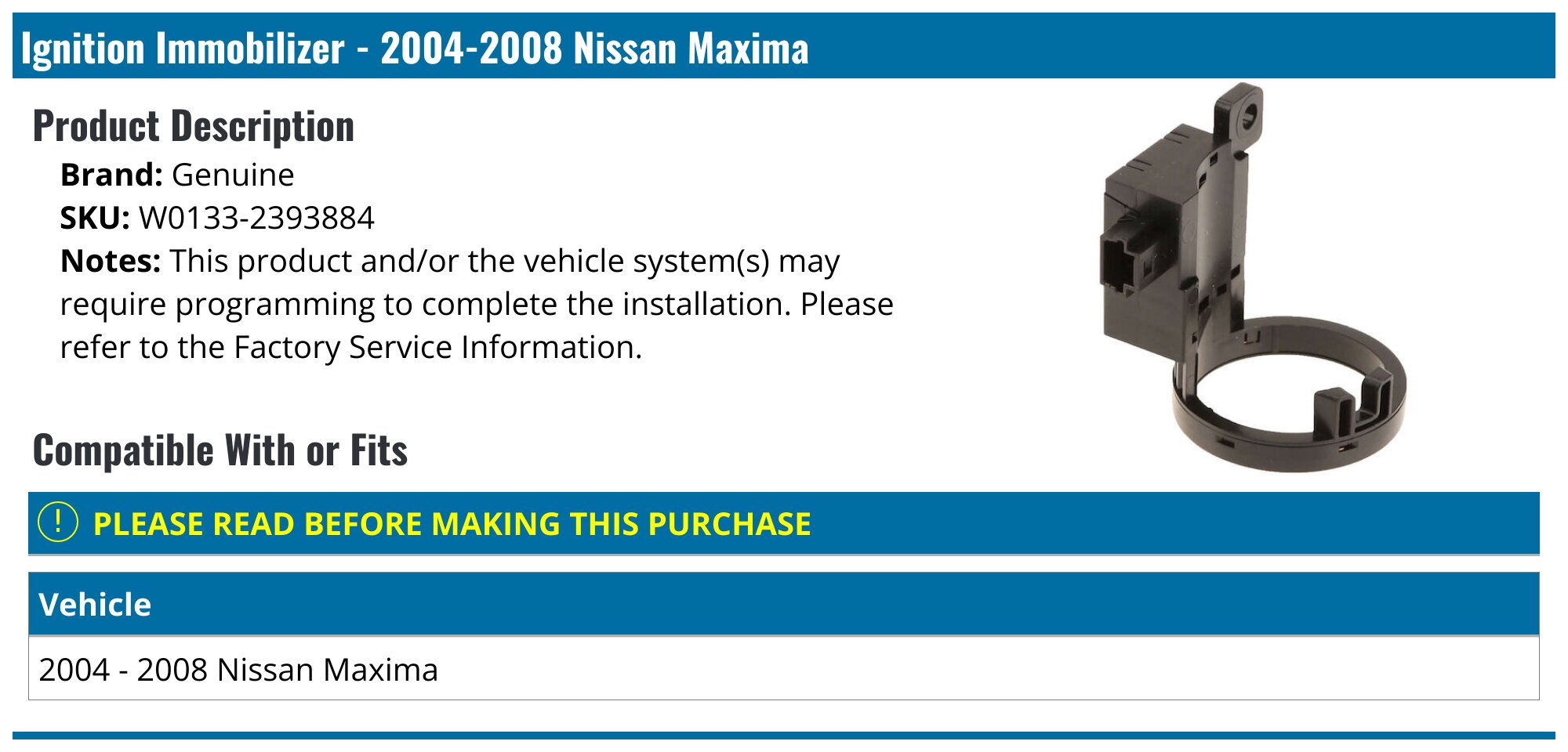 2004-2008 Nissan Maxima Ignition Immobilizer - Genuine W0133-2393884 ...