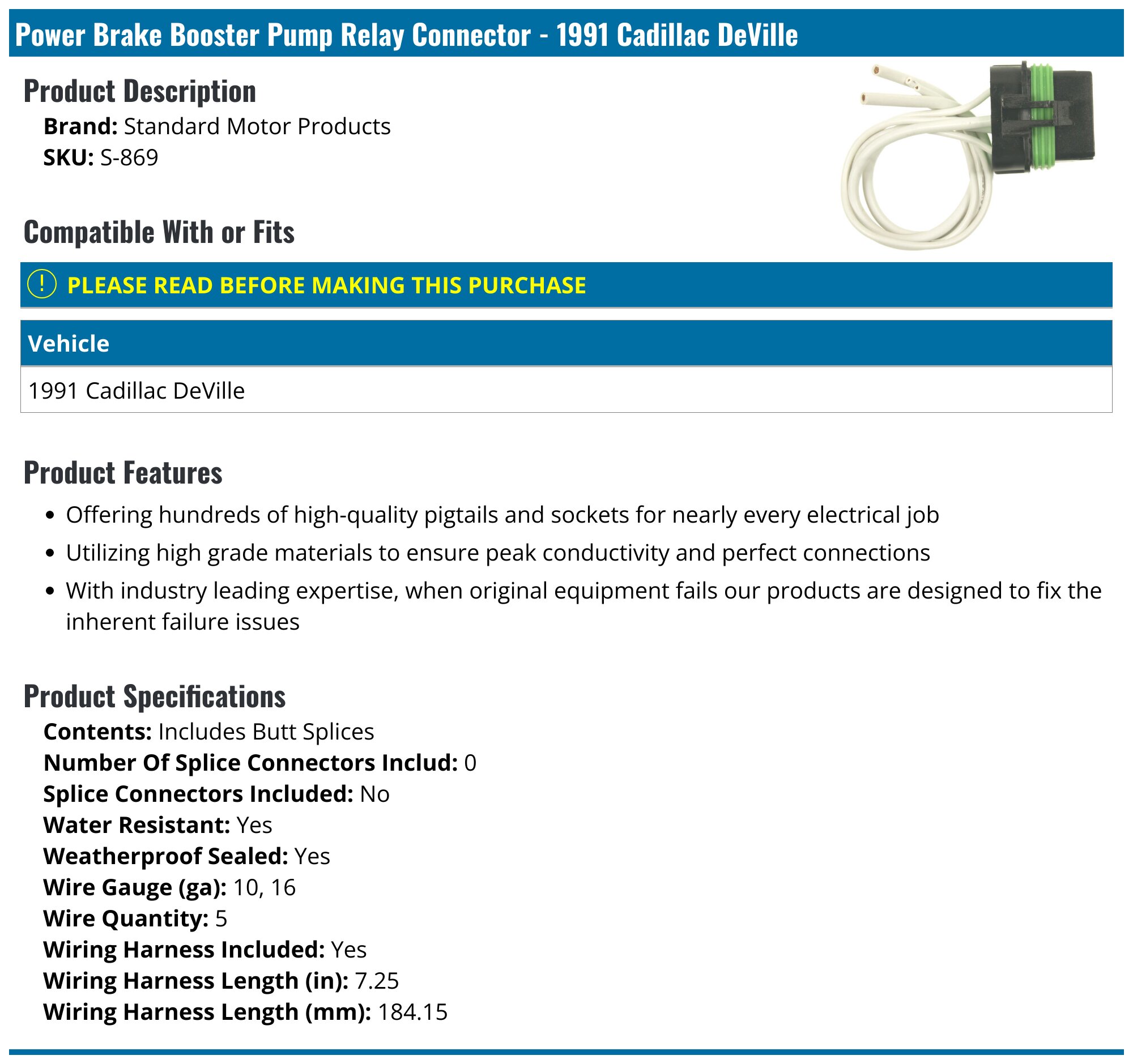 1991 Cadillac DeVille Power Brake Booster Pump Relay Connector ...