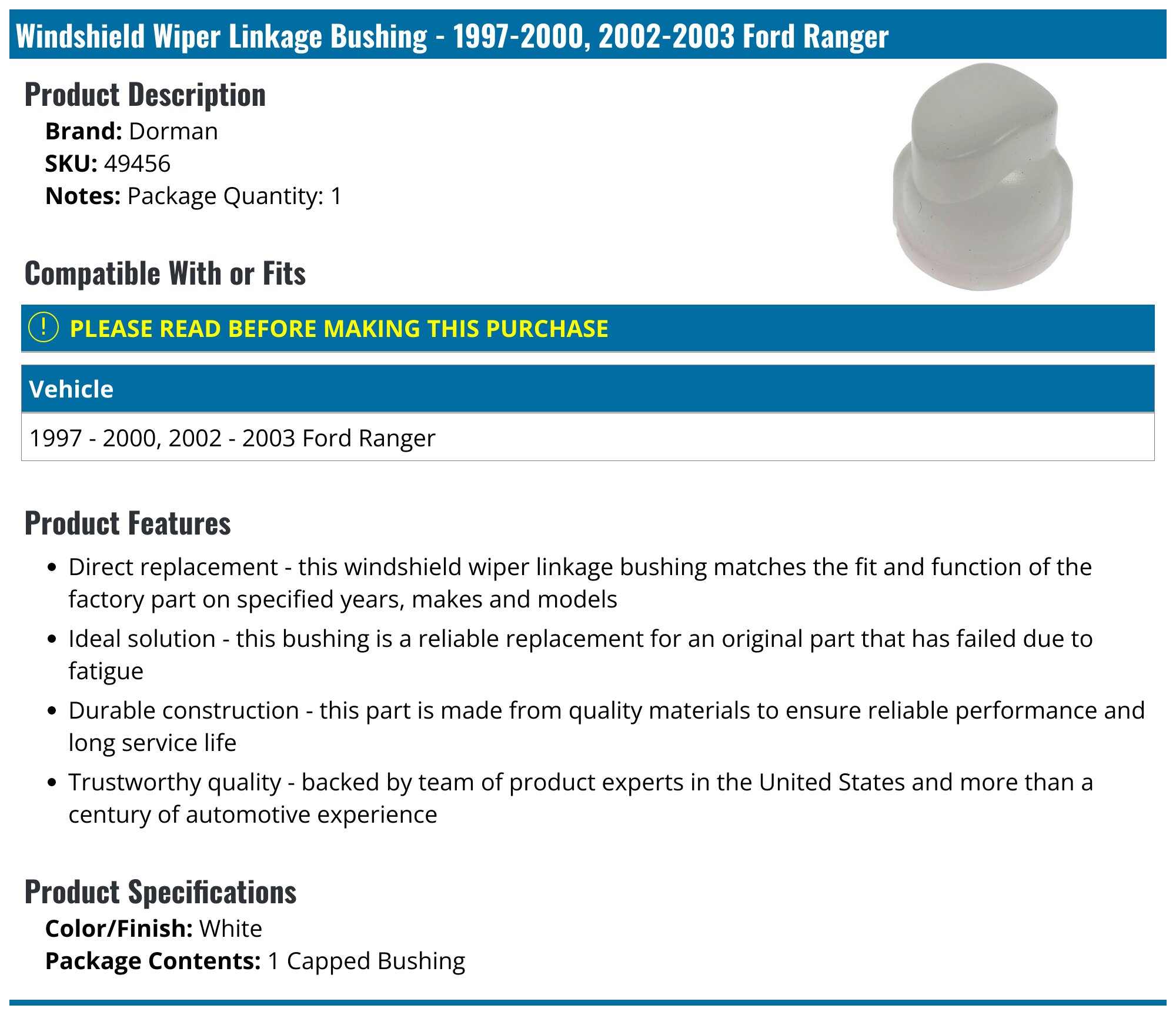 1997-2005 Ford Ranger Windshield Wiper Linkage Bushing - Dorman 49456 ...