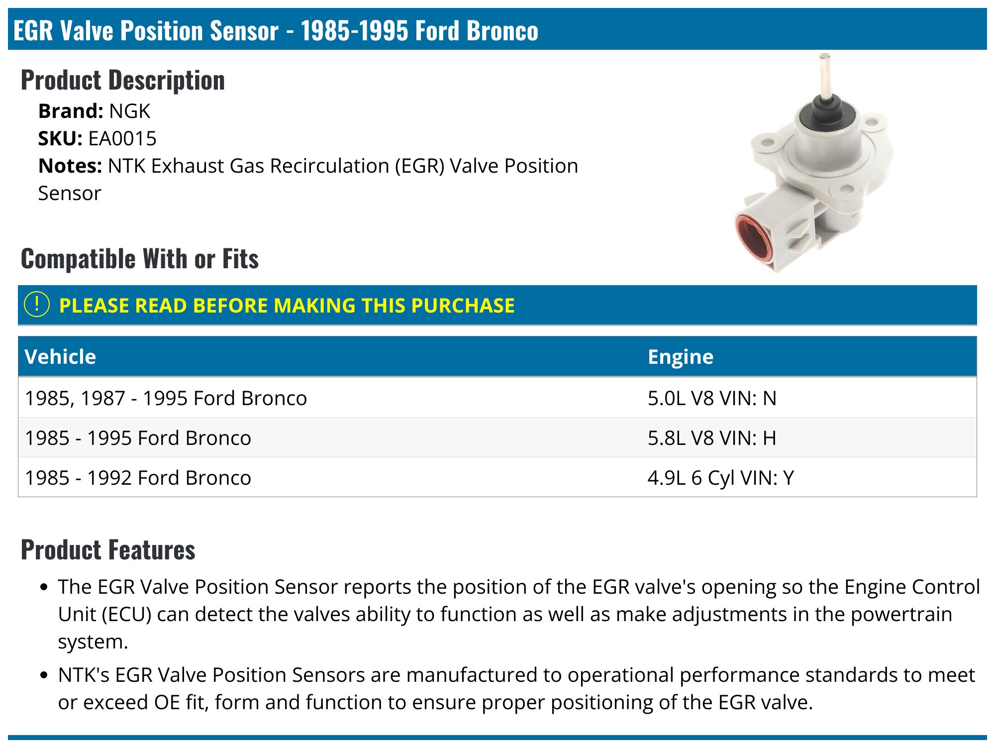 1985-1995 Ford Bronco EGR Valve Position Sensor - NGK EA0015 ...