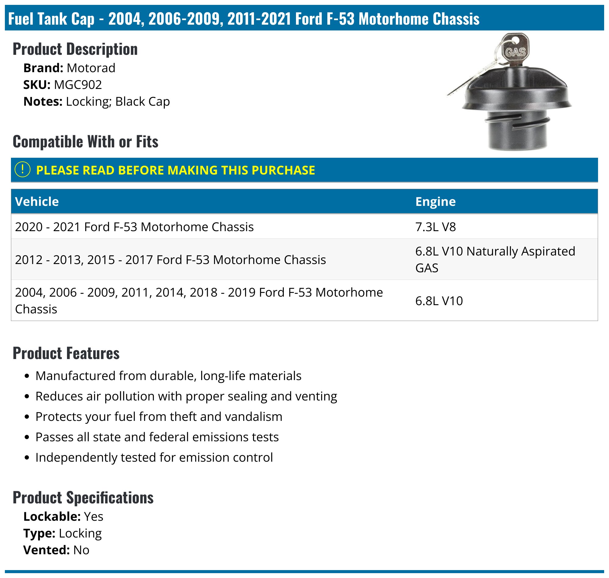 2004, 2006-2009, 2011-2022 Ford F-53 Motorhome Chassis Fuel Tank Cap ...