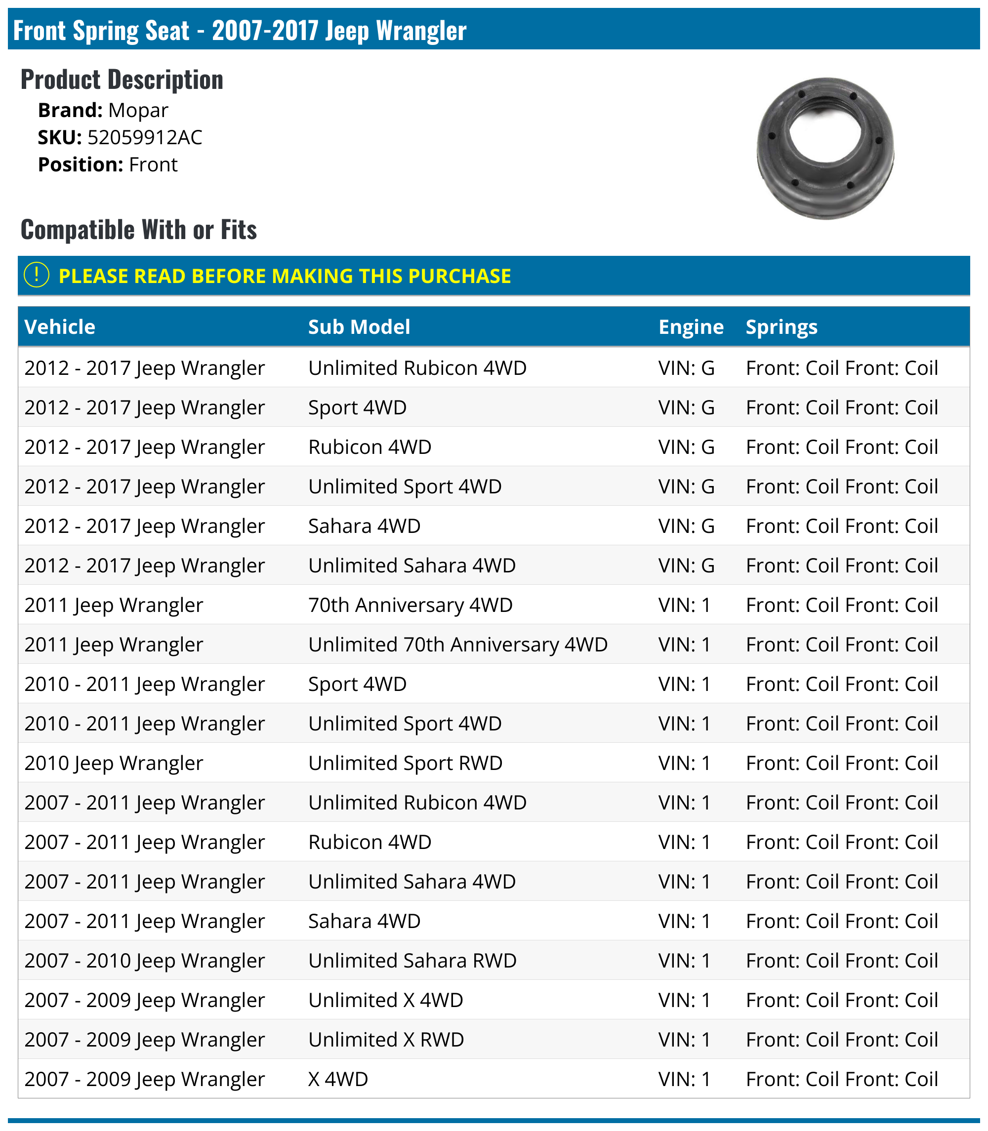 2007-2018 Jeep Wrangler Spring Seat - Mopar 52059912AC - Front ...