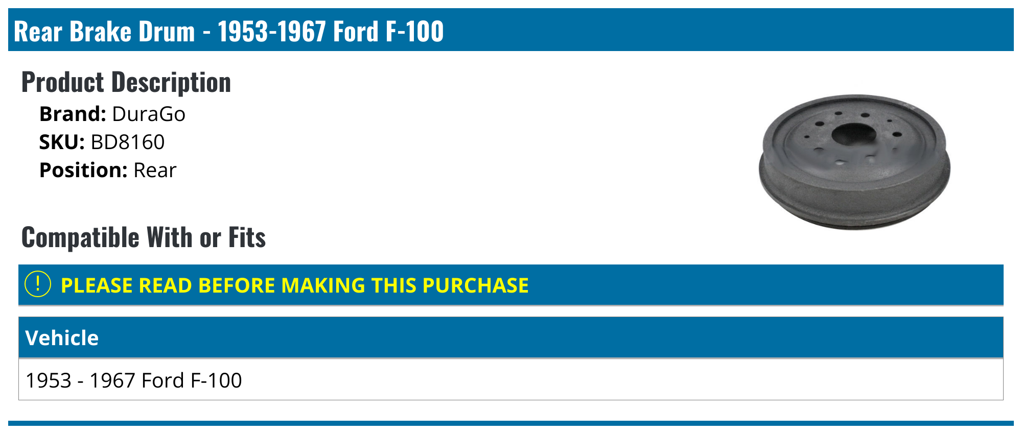 1953-1967 Ford F100 Brake Drum - DuraGo BD8160 - Rear - PartsGeek.com