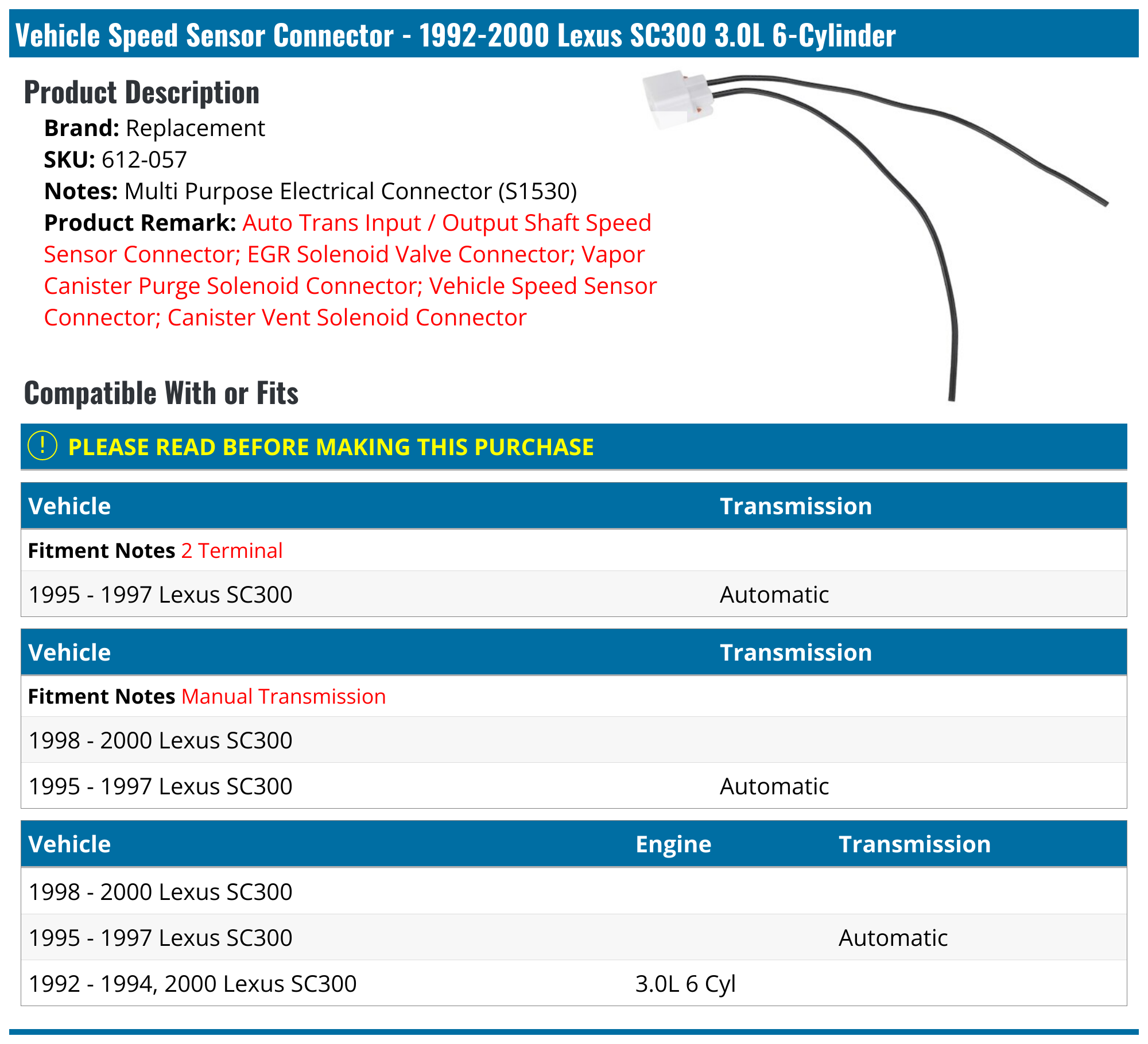 1992-2000 Lexus SC300 Vehicle Speed Sensor Connector - Replacement 612 ...