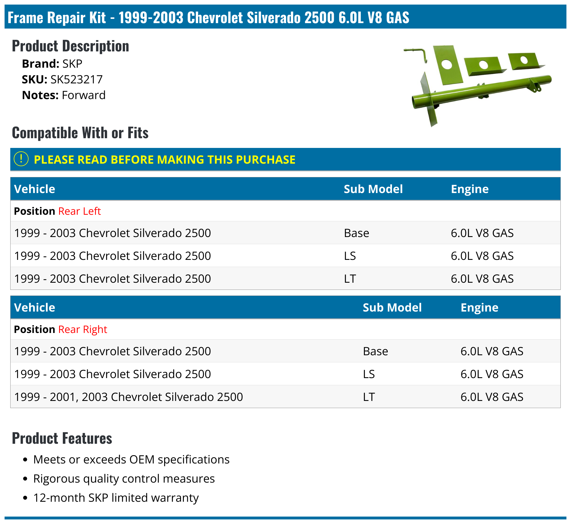 1999-2004 Chevrolet Silverado 2500 Frame Repair Kit - SKP SK523217 ...