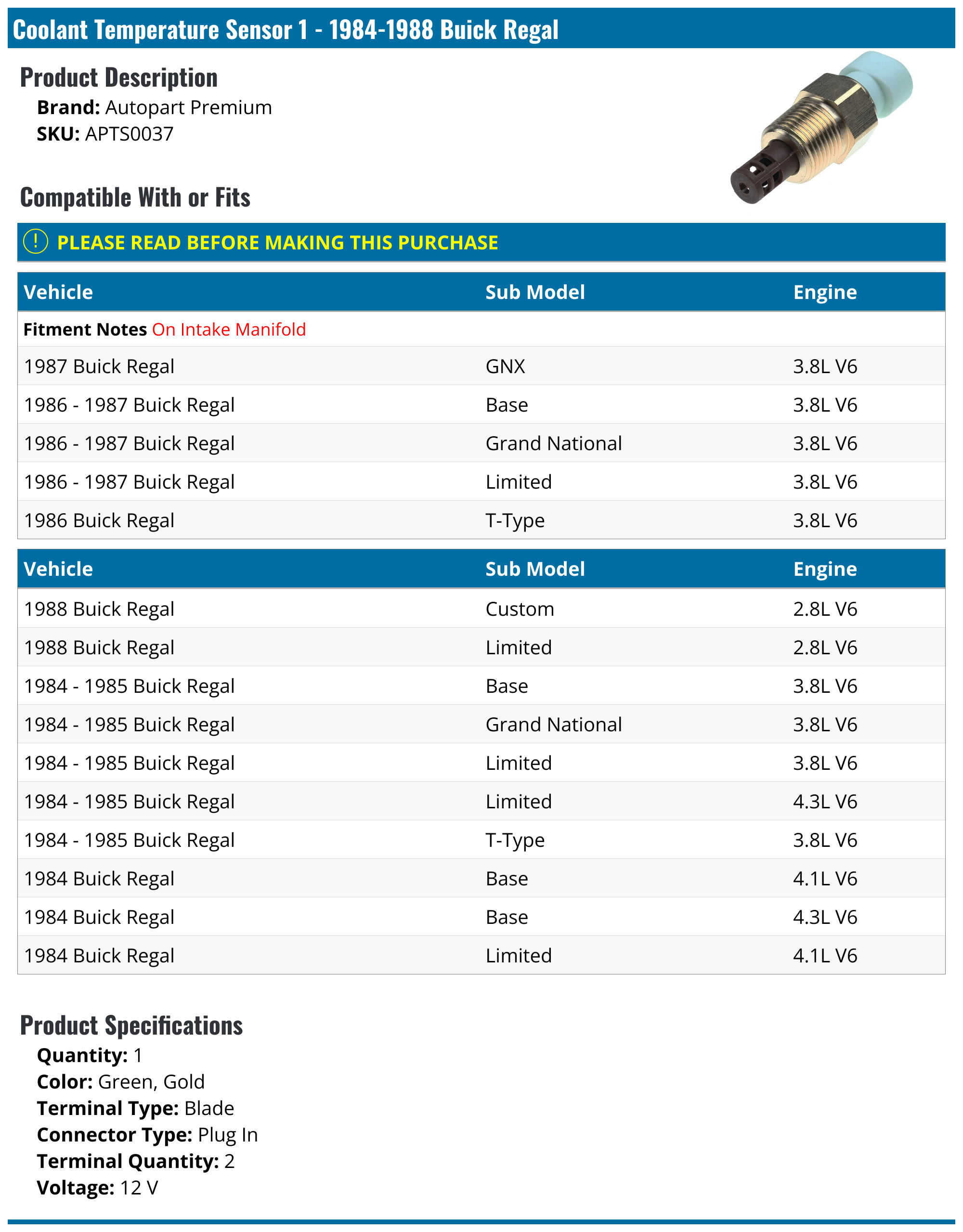 1984-1988 Buick Regal Engine Coolant Temperature Sensor - Autopart ...