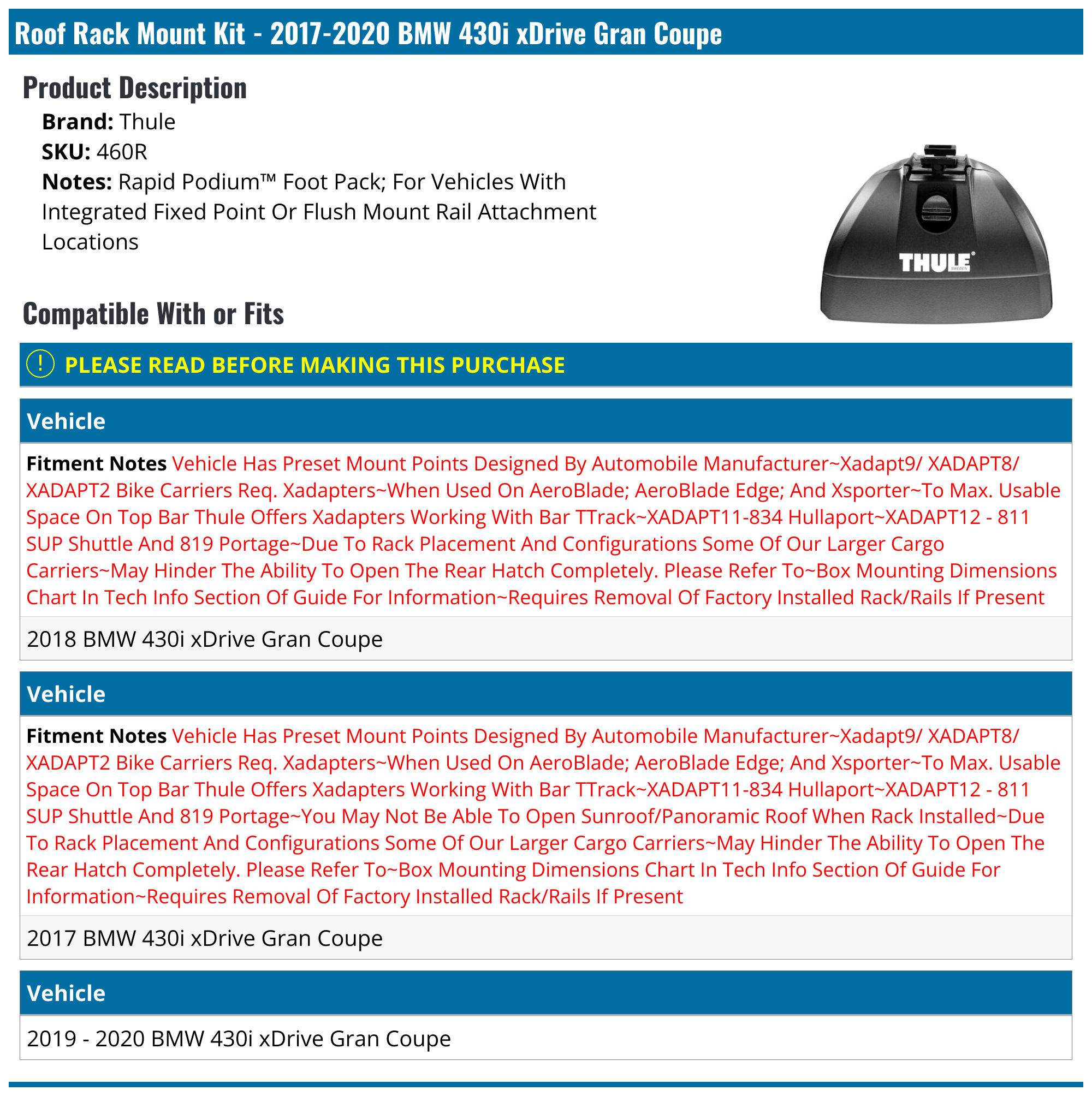 2017-2020 BMW 430i xDrive Gran Coupe Roof Rack - Thule 460R - PartsGeek.com