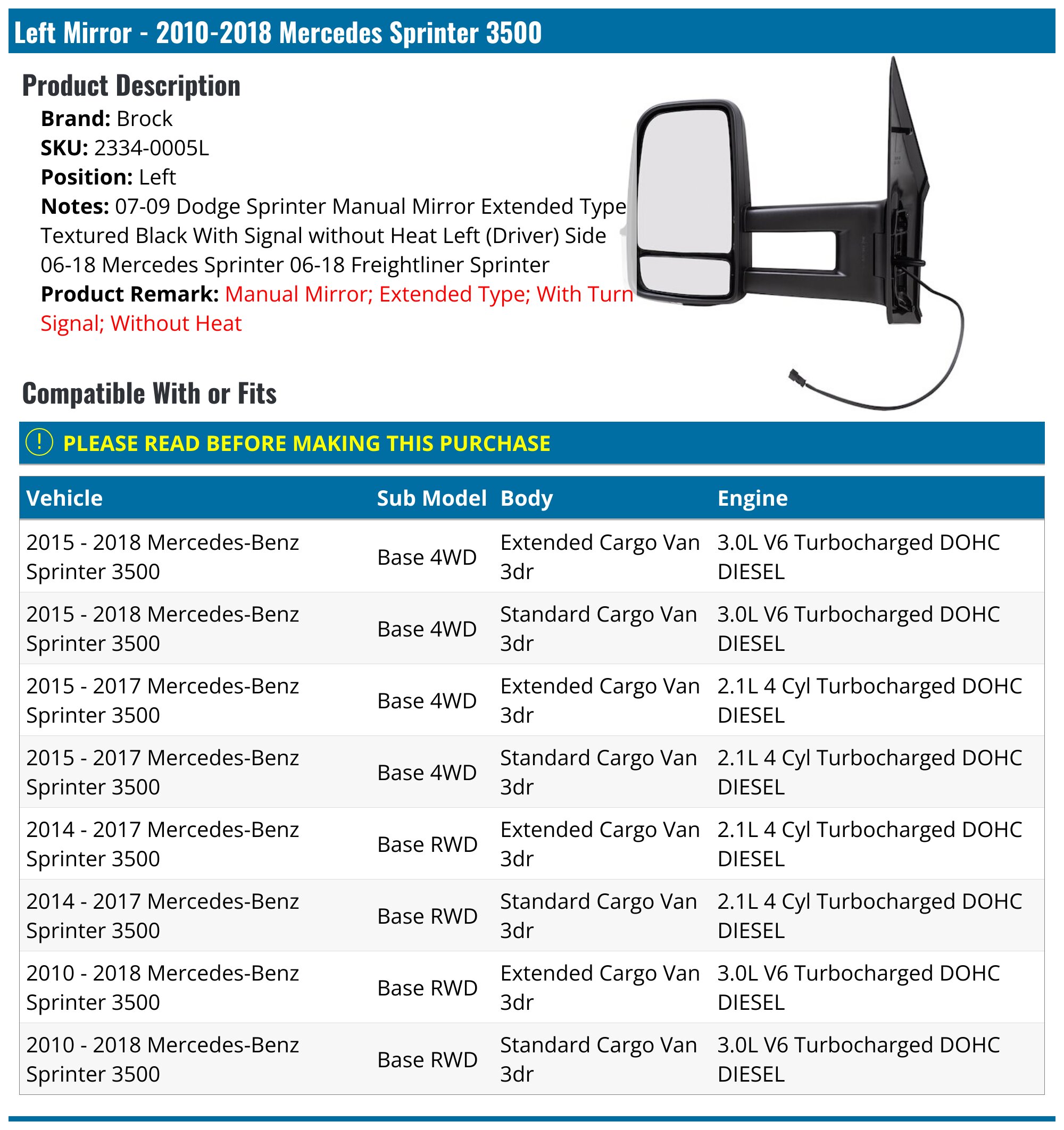 Mercedes Mirror | Sprinter 2500 3500 E320 C300 - 2016 2018 2019 1998