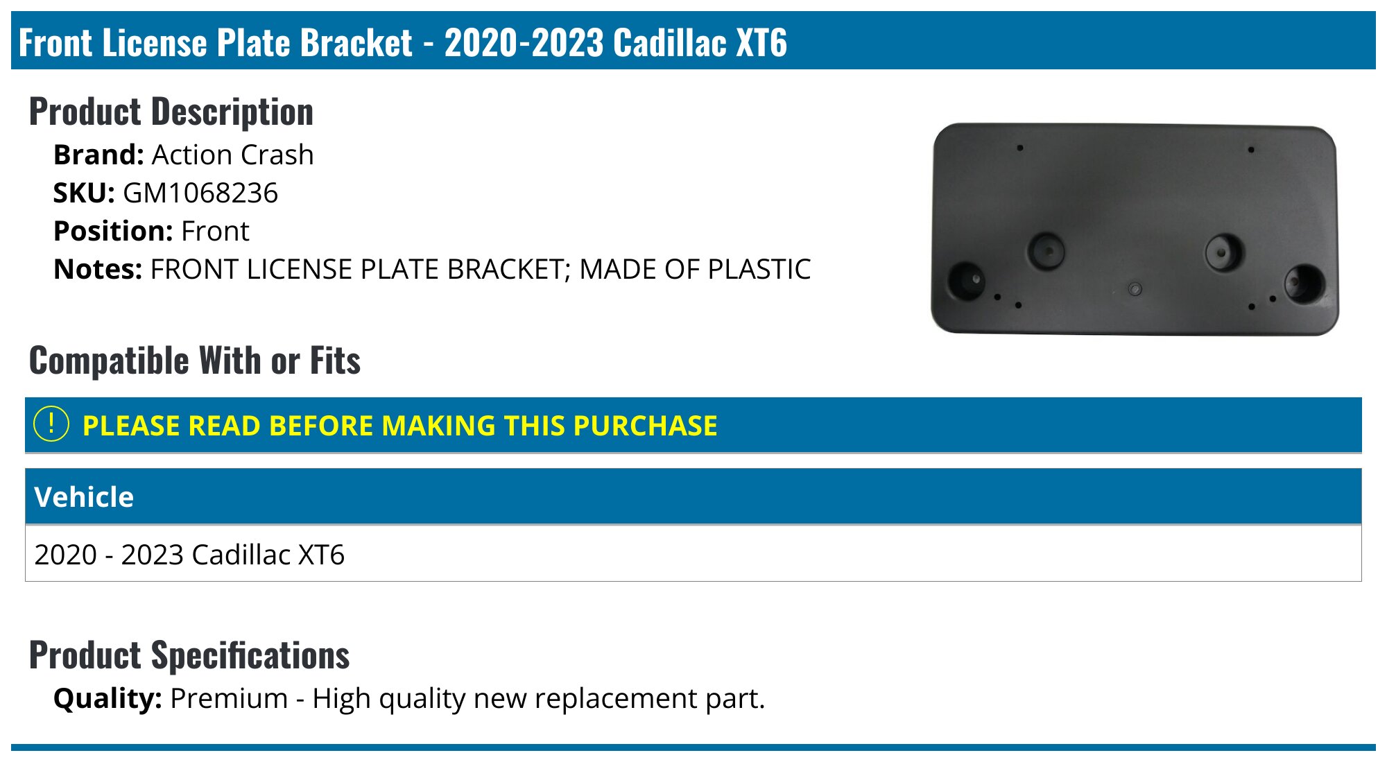 2020-2023 Cadillac XT6 License Plate Bracket - Action Crash GM1068236 ...