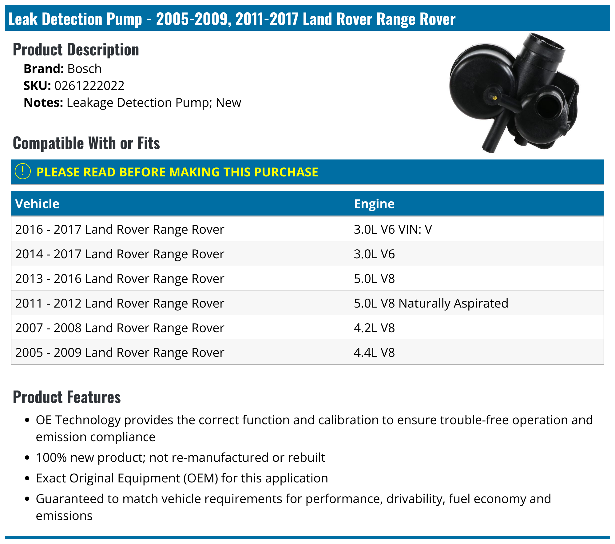 2005-2021 Land Rover Range Rover Leak Detection Pump - Bosch 0261222022 ...