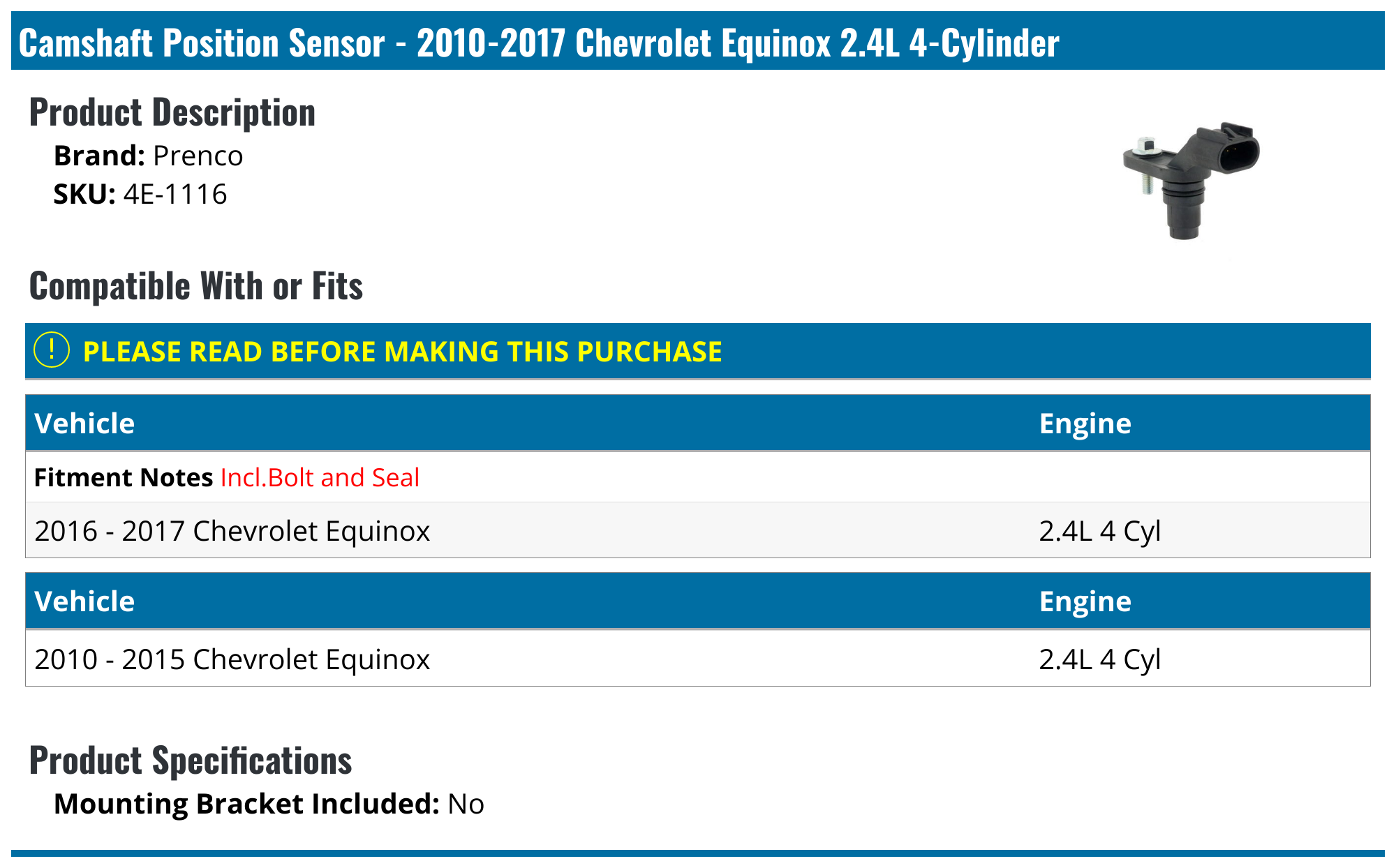 2010-2017 Chevrolet Equinox Camshaft Position Sensor - Prenco 4E-1116 ...
