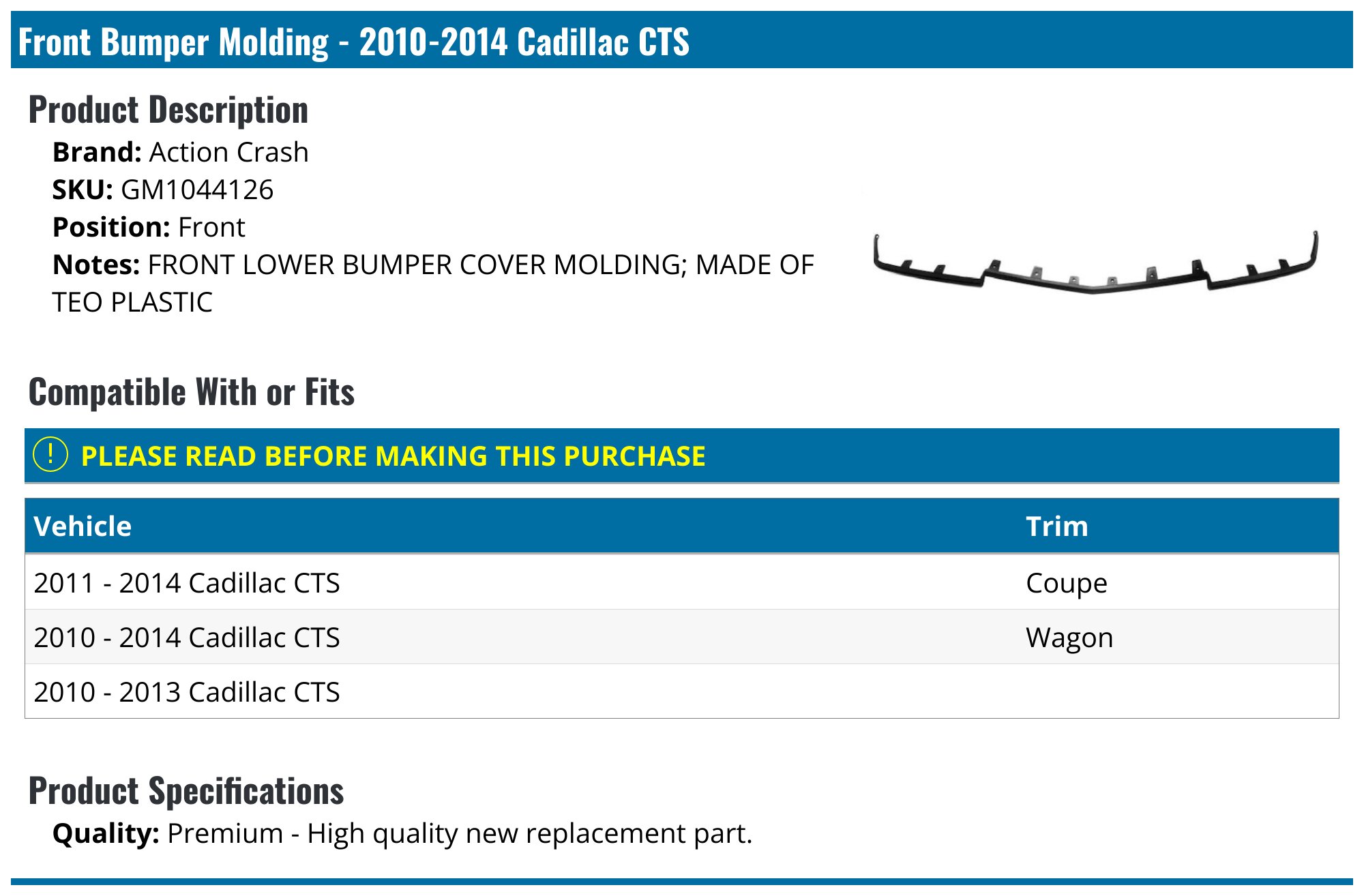 2010-2014 Cadillac CTS Bumper Molding - Action Crash GM1044126 - Front ...
