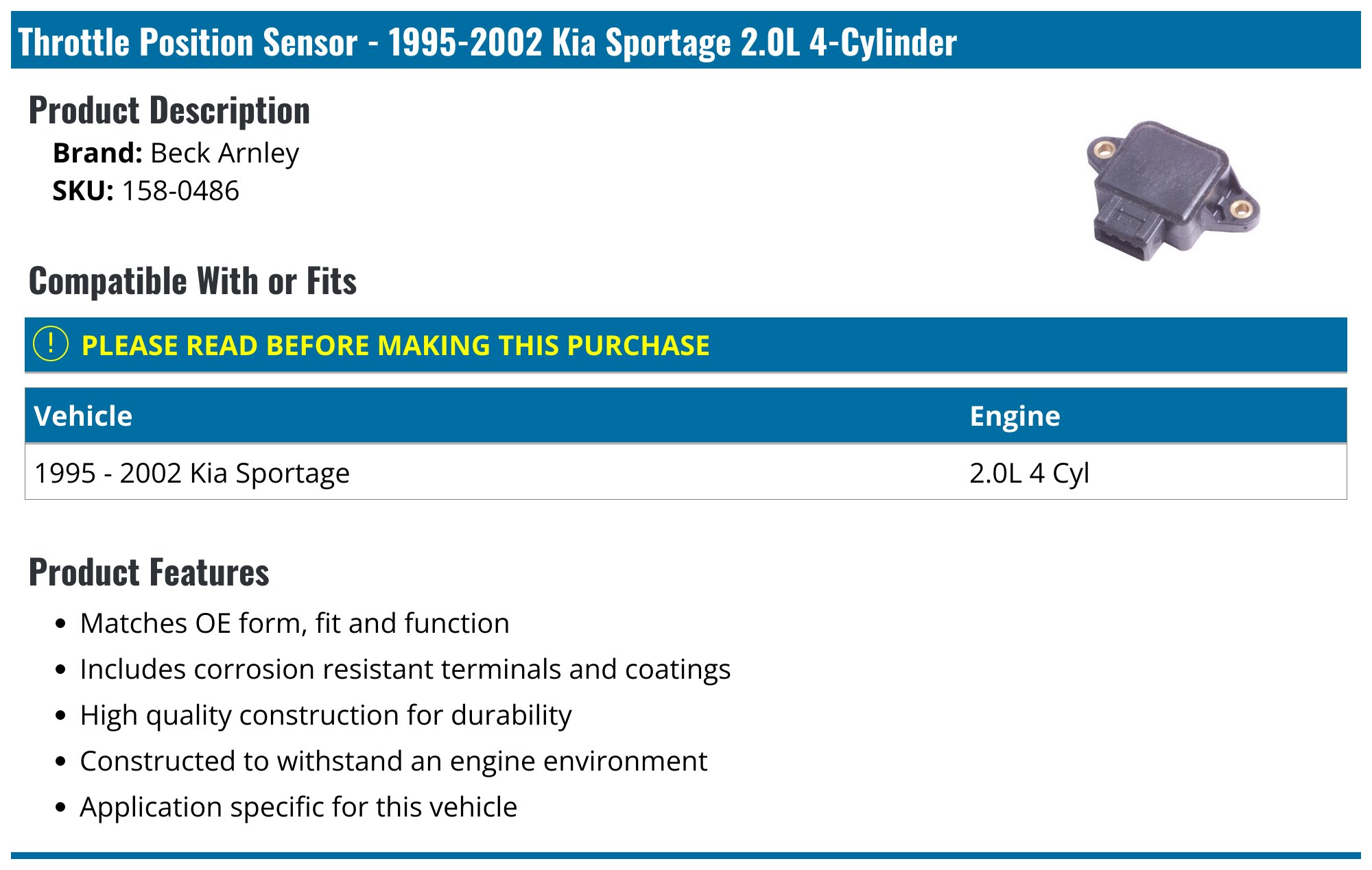 1995-2002 Kia Sportage Throttle Position Sensor - Beck Arnley 158-0486 ...