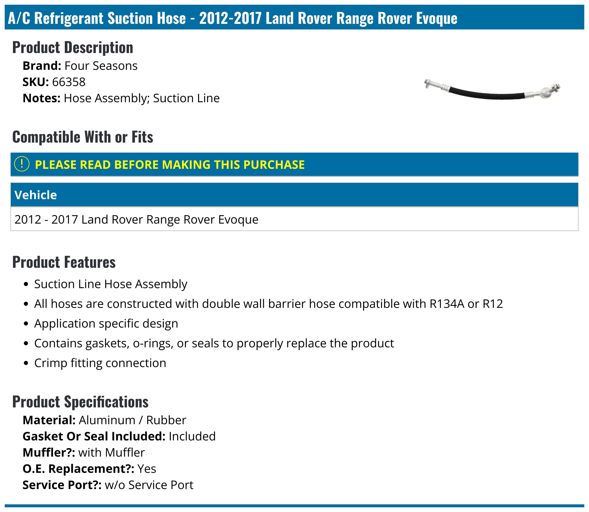2012-2017 Land Rover Range Rover Evoque A/C Hose - Four Seasons 66358 ...
