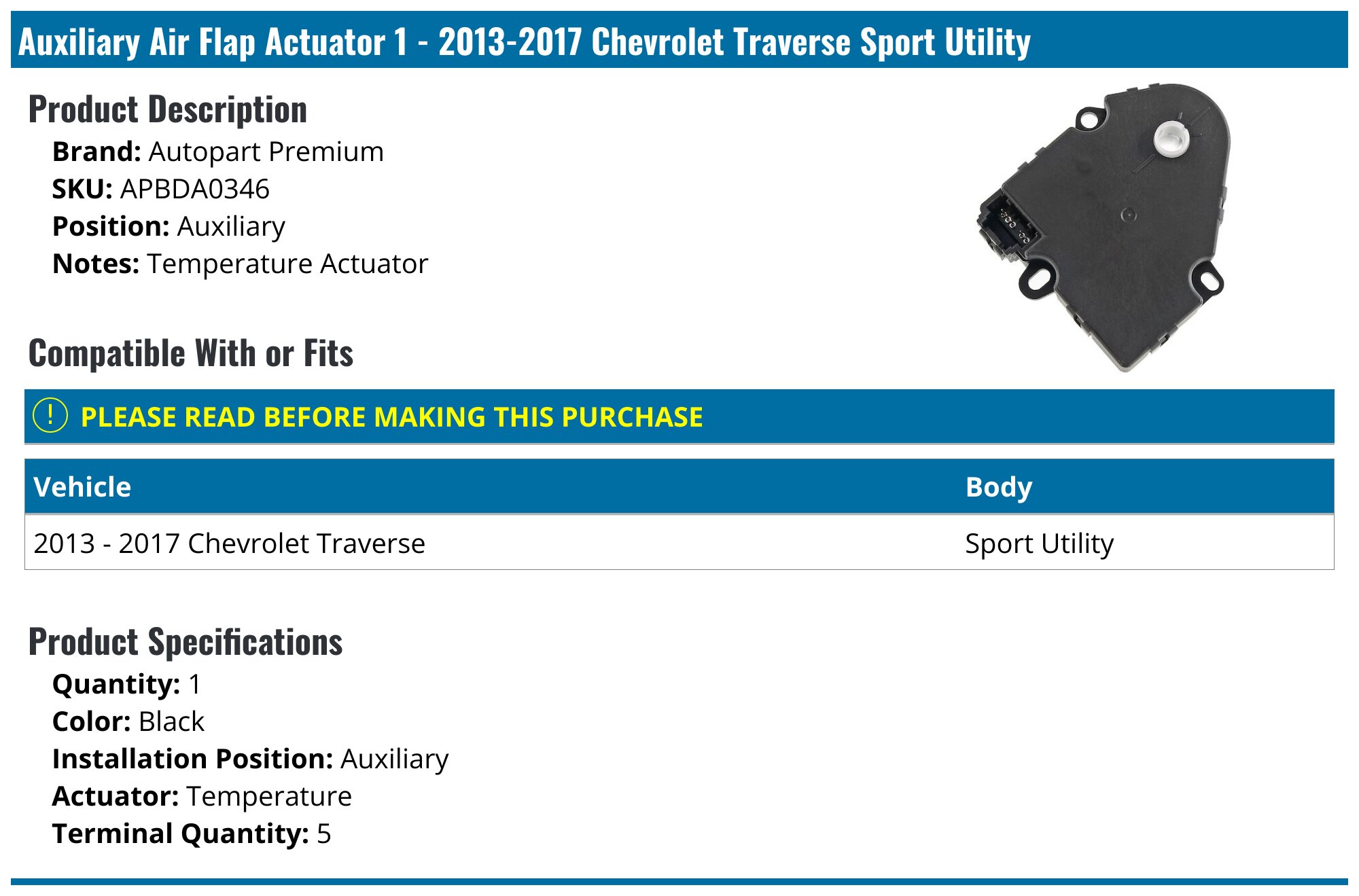 2013-2017 Chevrolet Traverse Air Flap Actuator - Autopart Premium ...