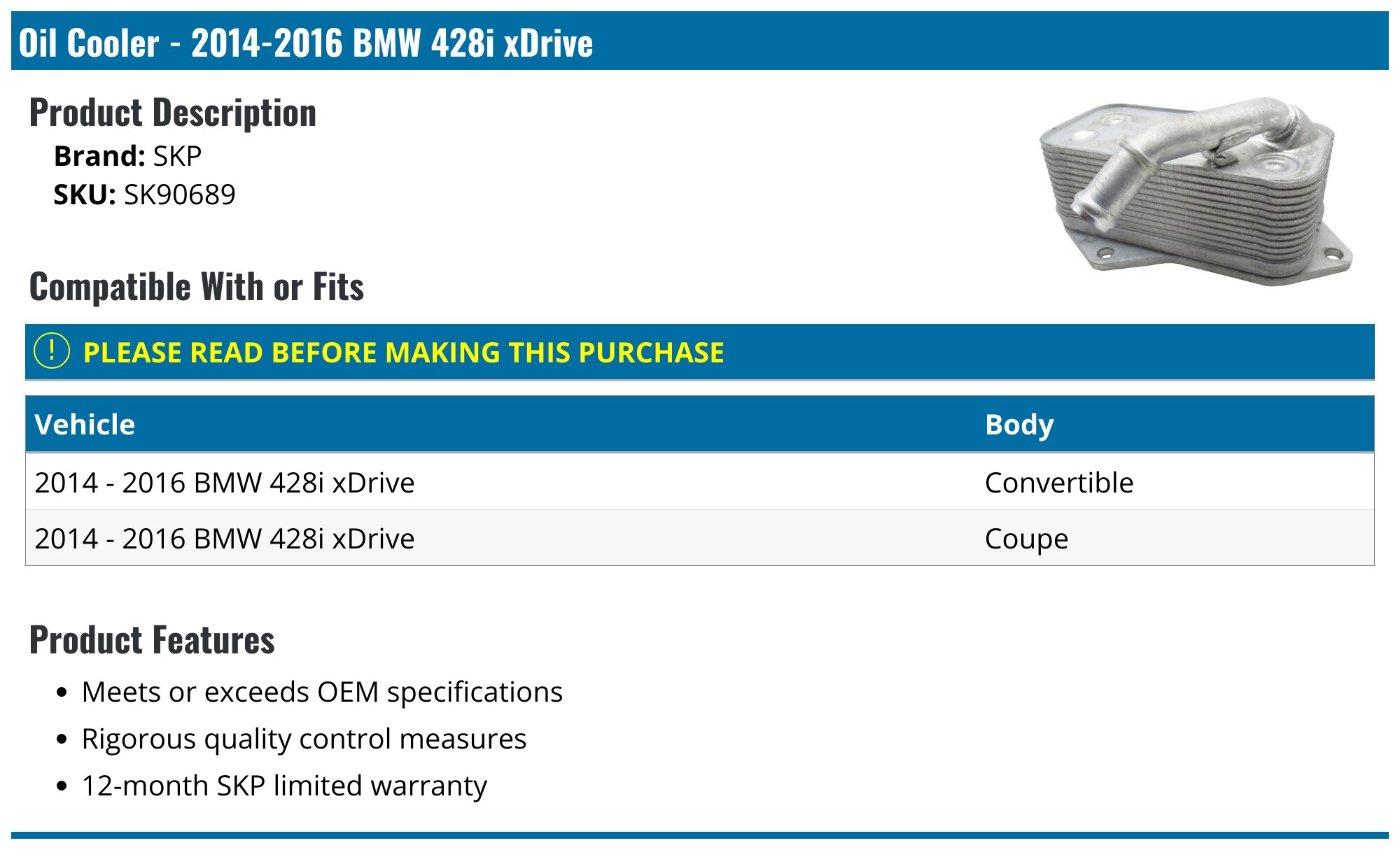 2014-2016 BMW 428i xDrive Oil Cooler - SKP SK90689 - PartsGeek.com