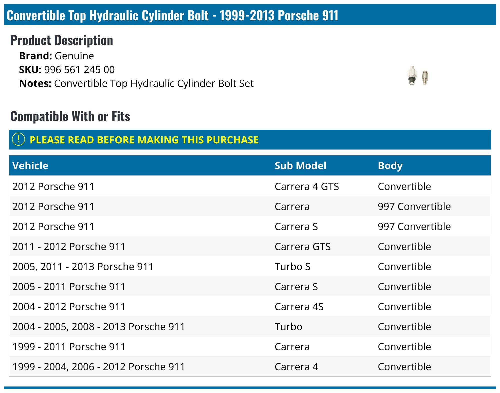 1999-2013 Porsche 911 Convertible Top Hydraulic Cylinder Bolt - Genuine ...