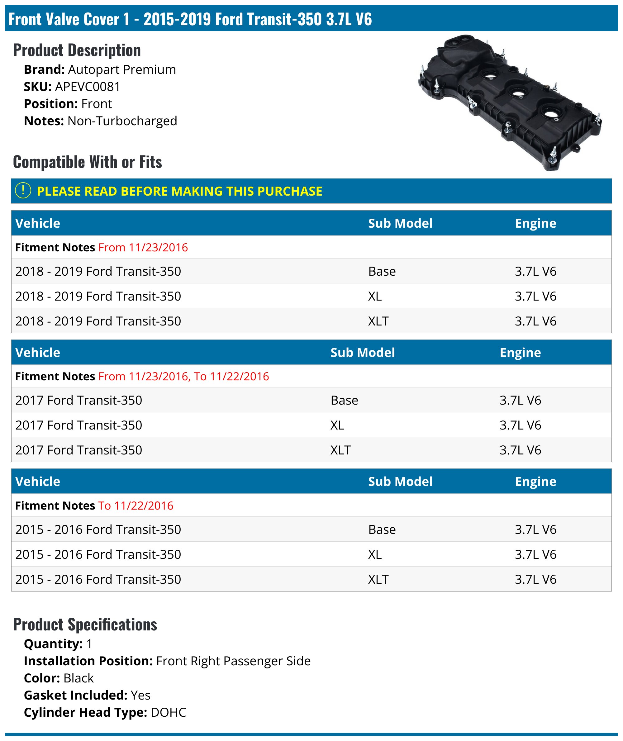 2015-2019 Ford Transit-350 Valve Cover - Autopart Premium APEVC0081 ...