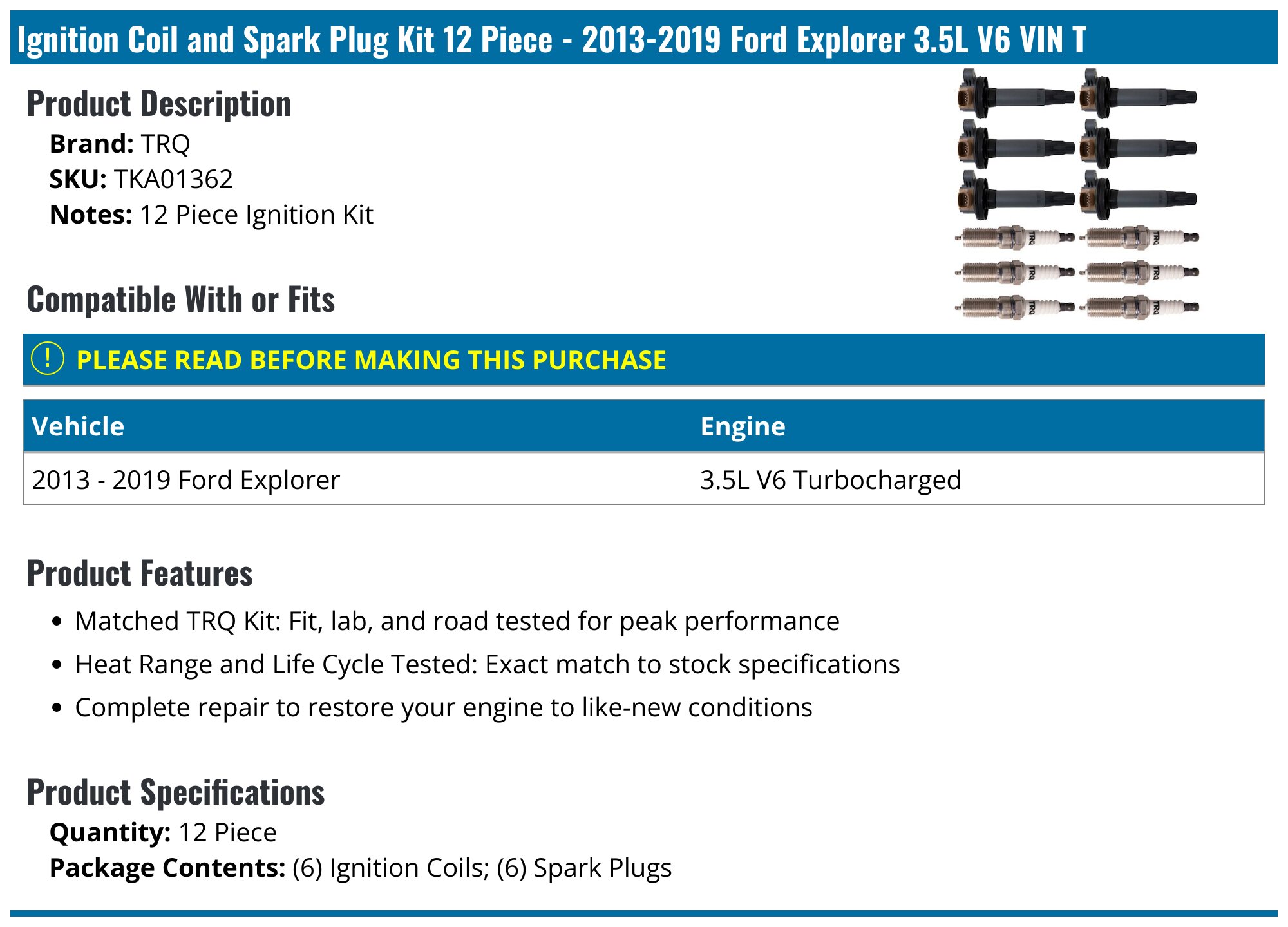 2013-2019 Ford Explorer Ignition Coil - TRQ TKA01362 - PartsGeek.com