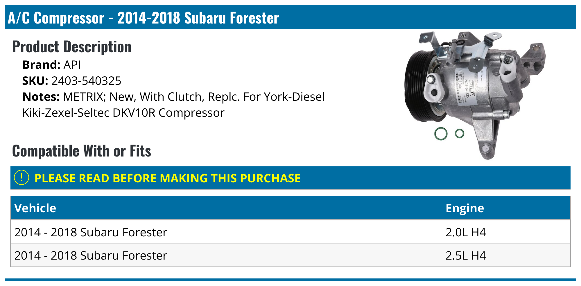 2014-2018 Subaru Forester A/C Compressor - API 125193-02049840 ...
