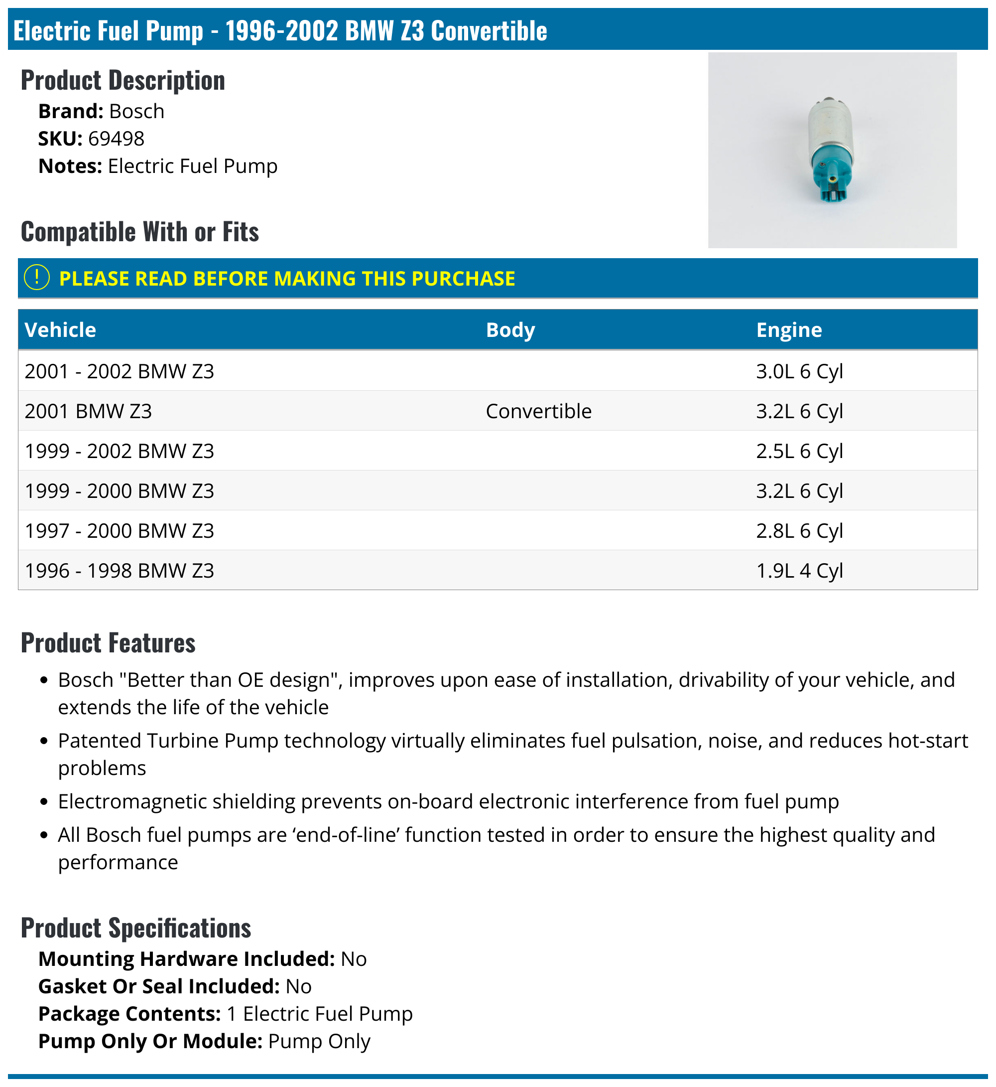1996-2002 BMW Z3 Fuel Pump - Bosch 69498 - In-Tank - PartsGeek.com