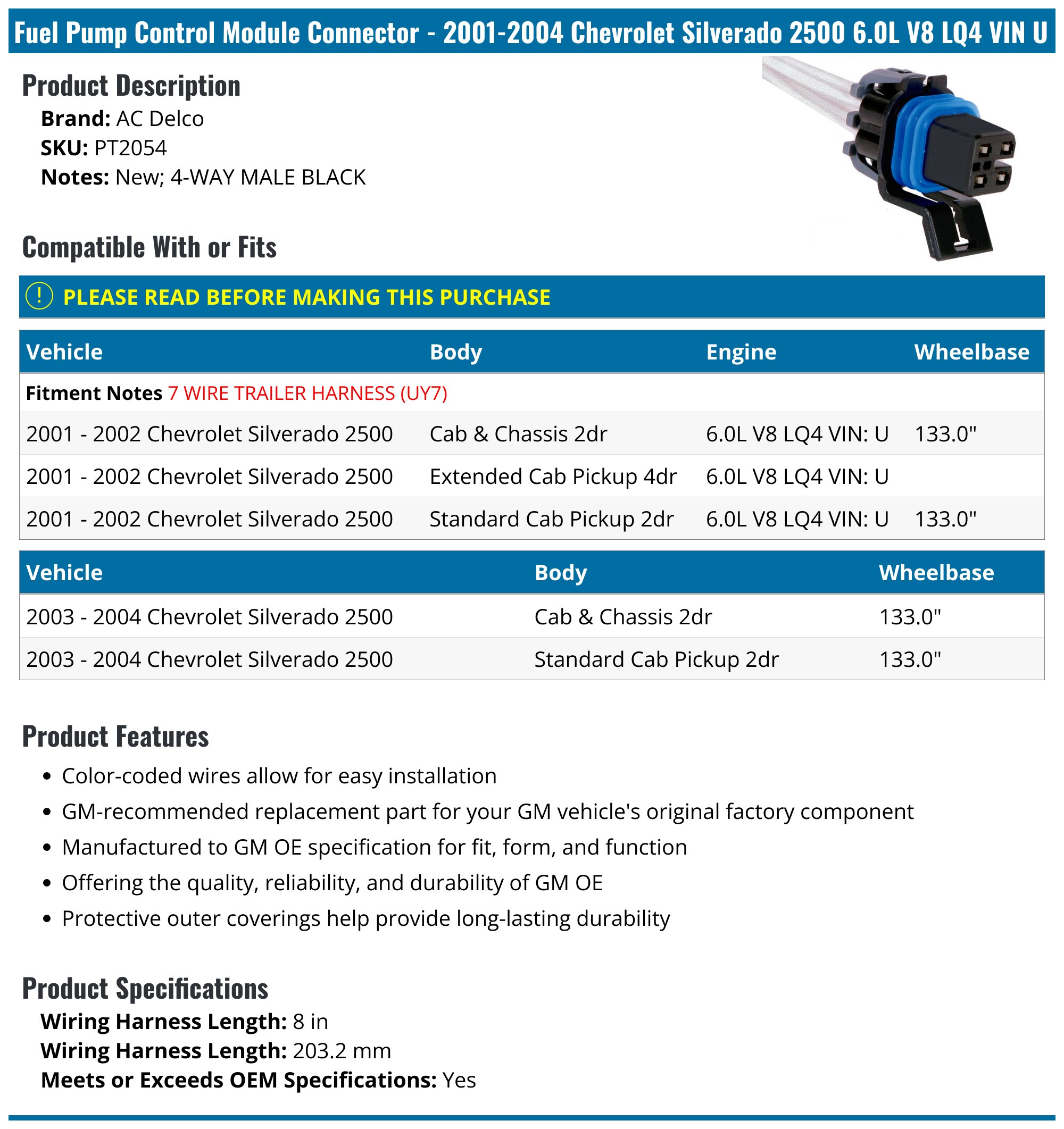 2001-2004 Chevrolet Silverado 2500 Fuel Pump Control Module Connector ...