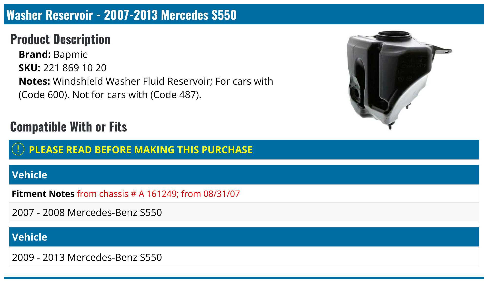 2007-2013 Mercedes S550 Windshield Washer Tank - Bapmic 221 869 10 20 ...