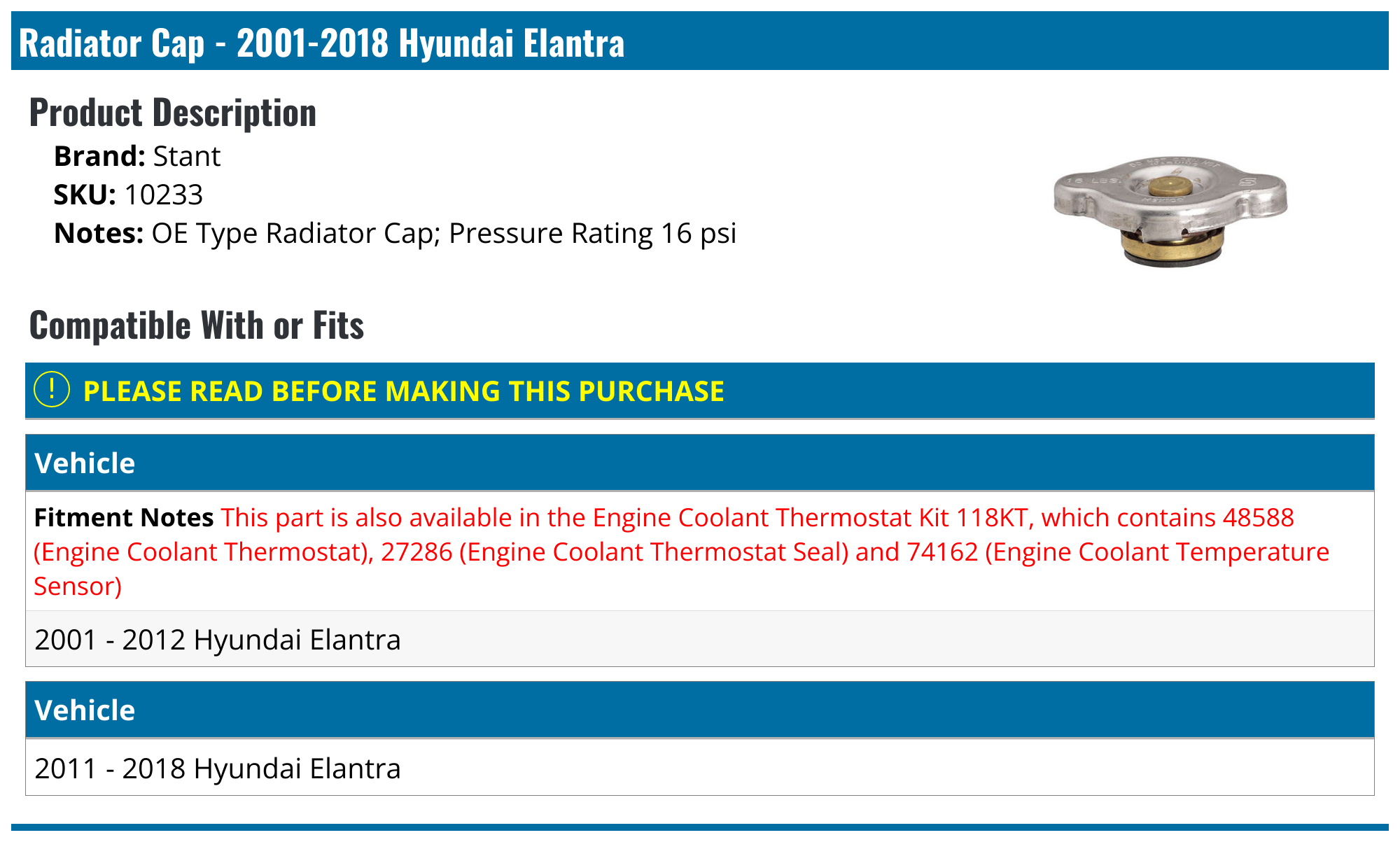 2001-2018 Hyundai Elantra Radiator Cap - Stant 10233 - - PartsGeek.com
