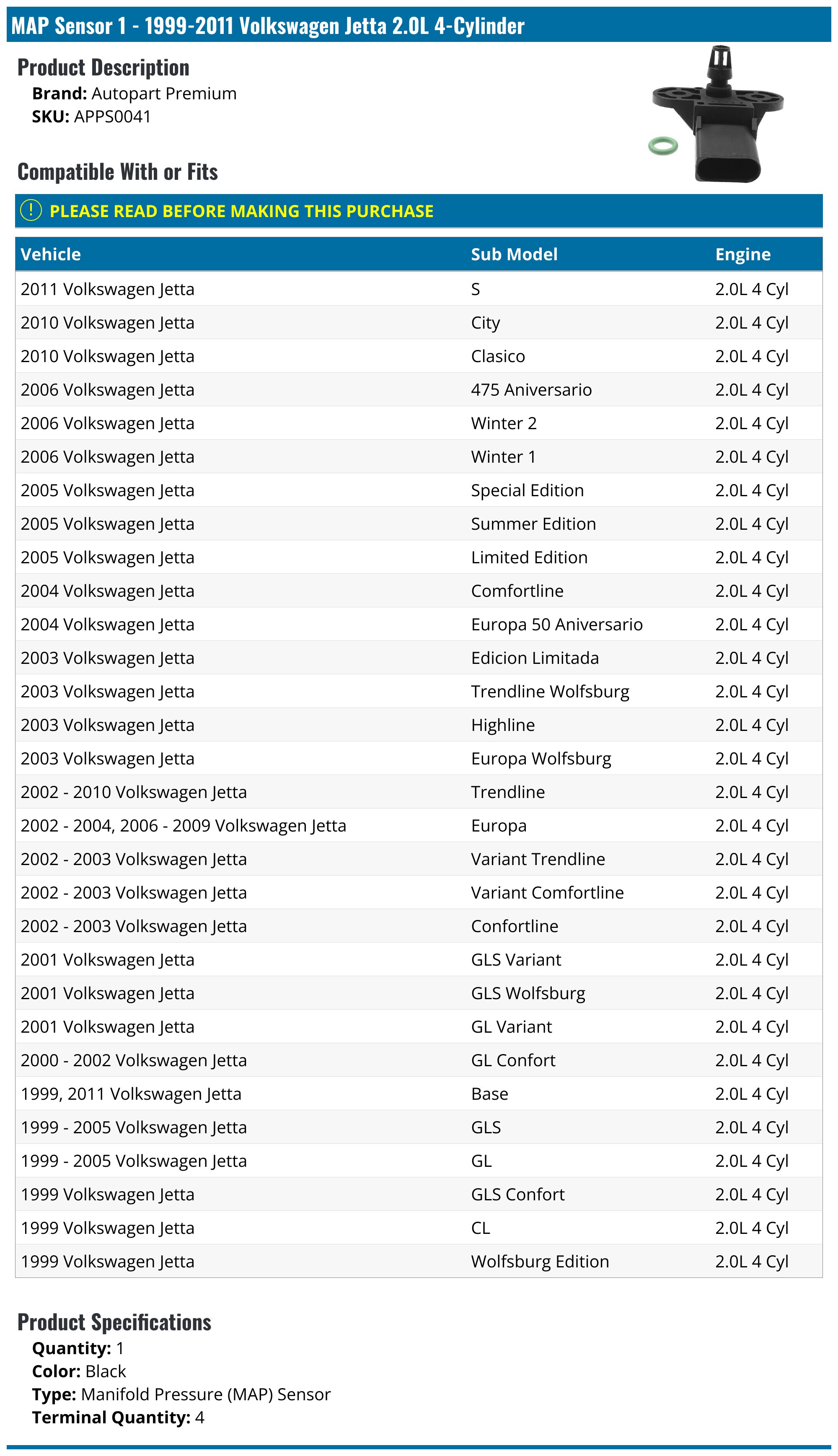 1999-2011 Volkswagen Jetta MAP Sensor - Autopart Premium APPS0041 ...