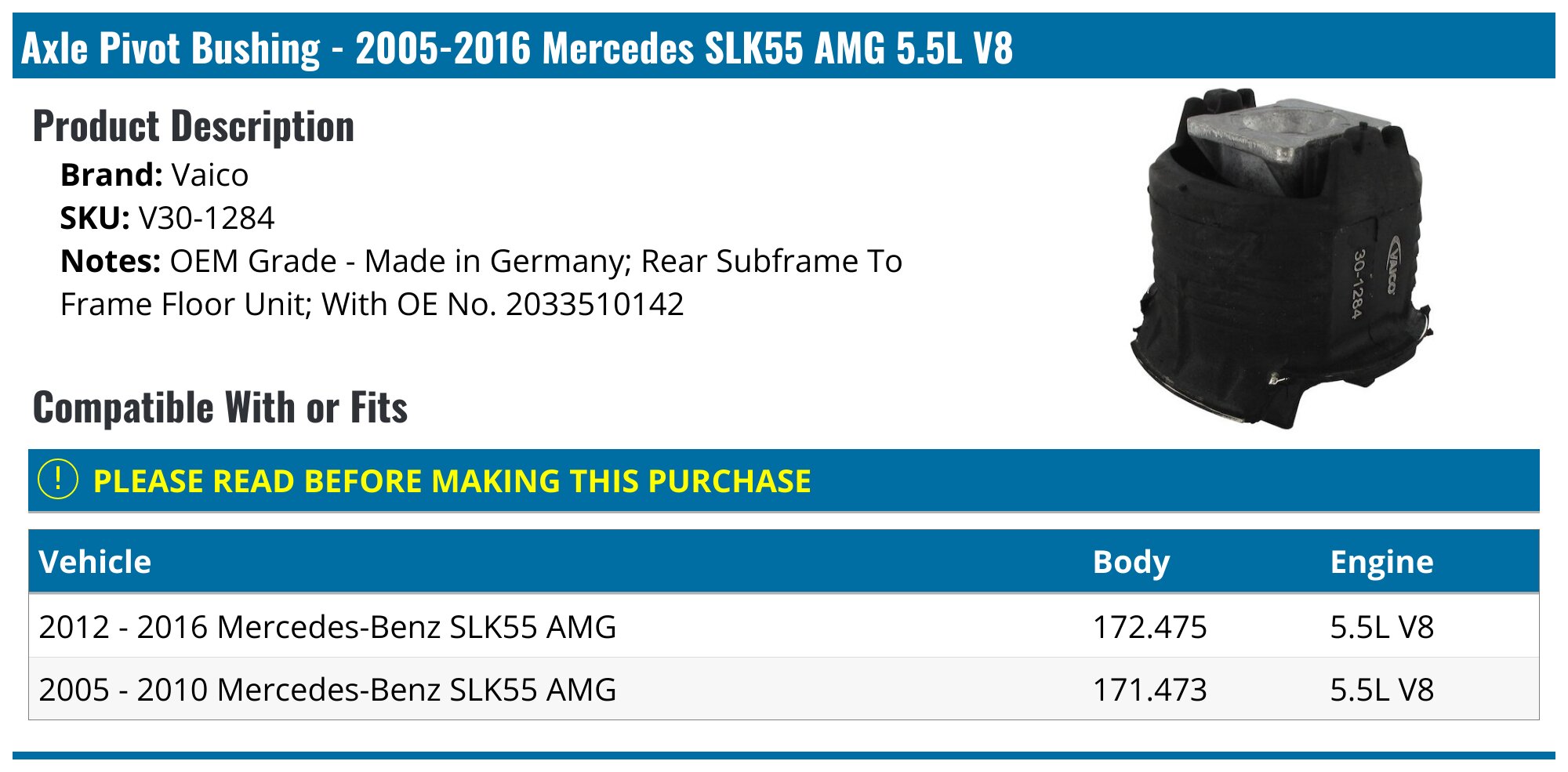 2005-2016 Mercedes SLK55 AMG Axle Pivot Bushing - Vaico V30-1284 ...