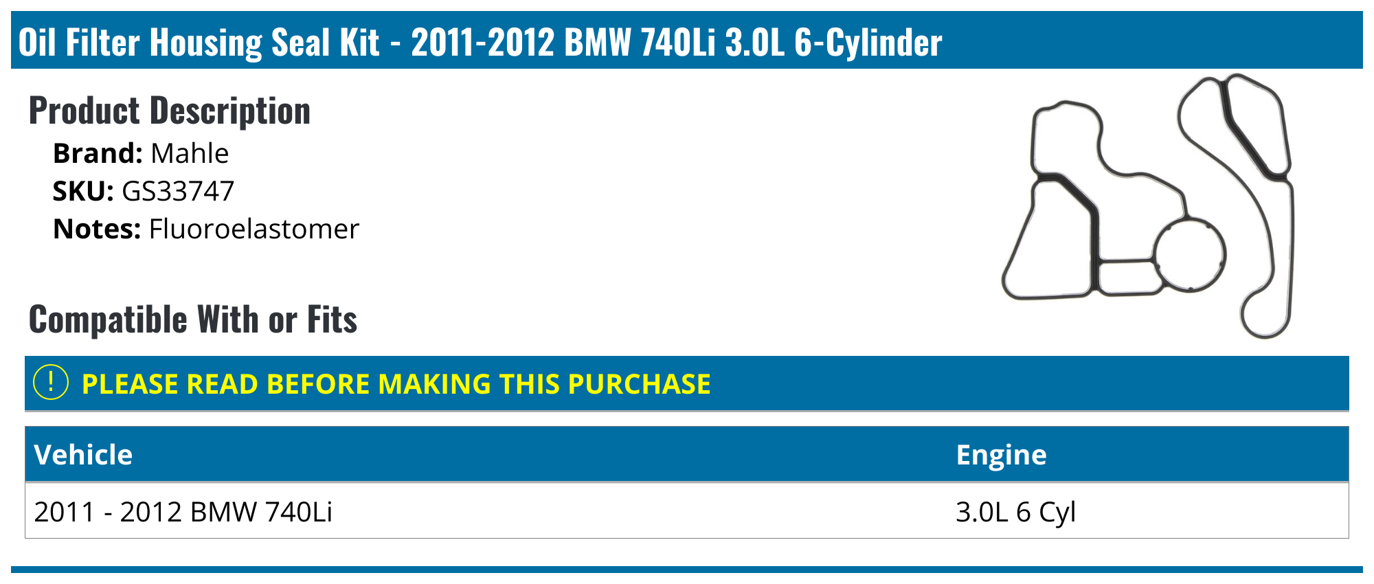 2011-2012 BMW 740Li Oil Filter Housing Seal Kit - Mahle GS33747 ...