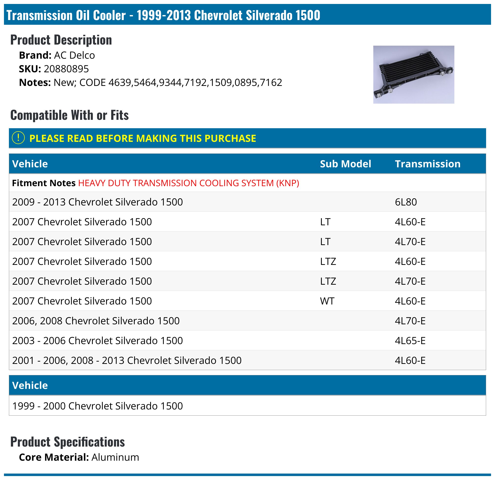 1999-2013 Chevrolet Silverado 1500 Automatic Transmission Oil Cooler ...