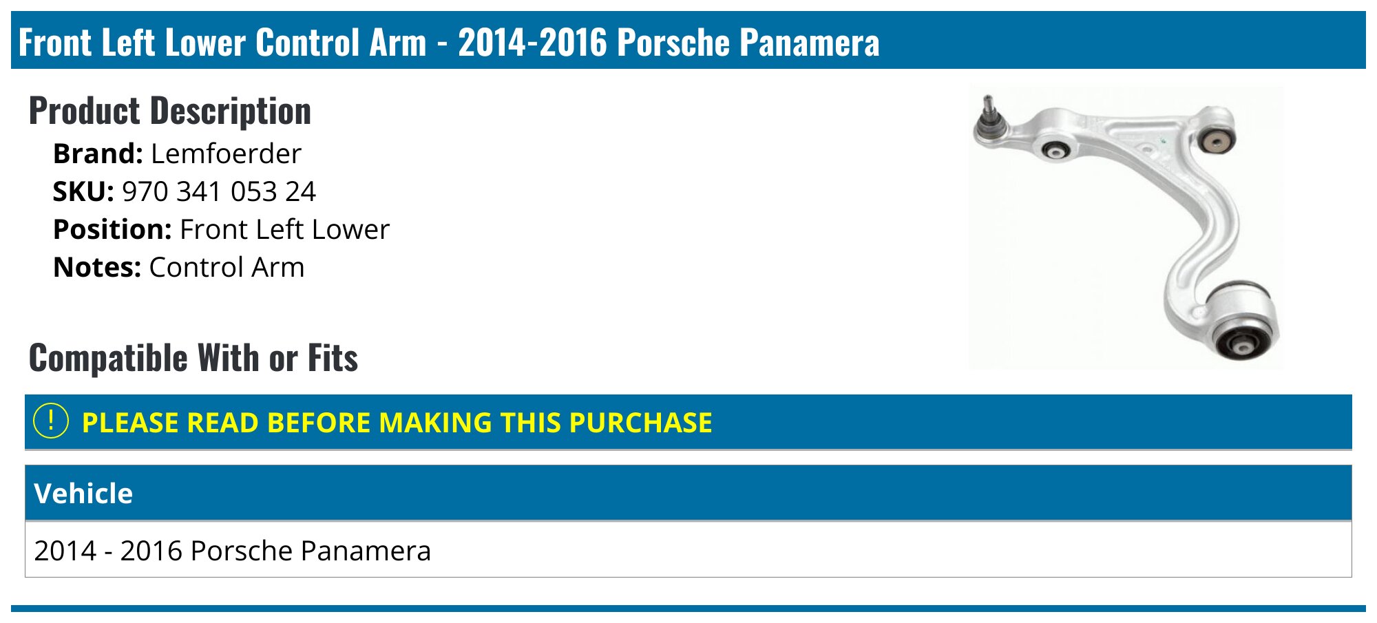 2014-2016 Porsche Panamera Control Arm - Lemfoerder 970 341 053 24 ...