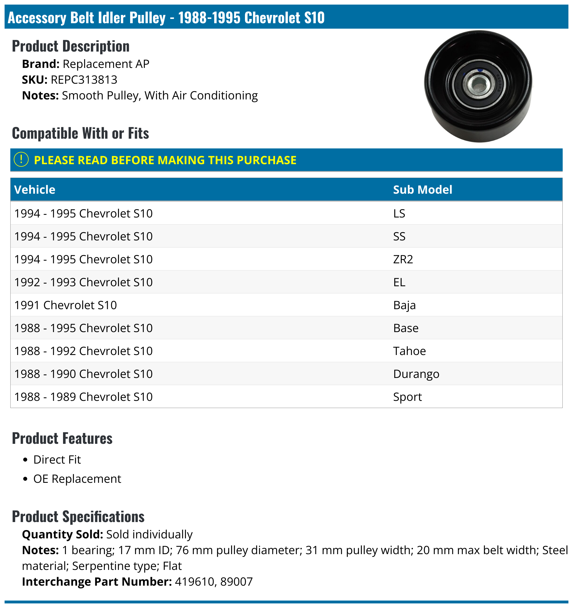 1988-1995 Chevrolet S10 Accessory Belt Tensioner - Replacement AP ...