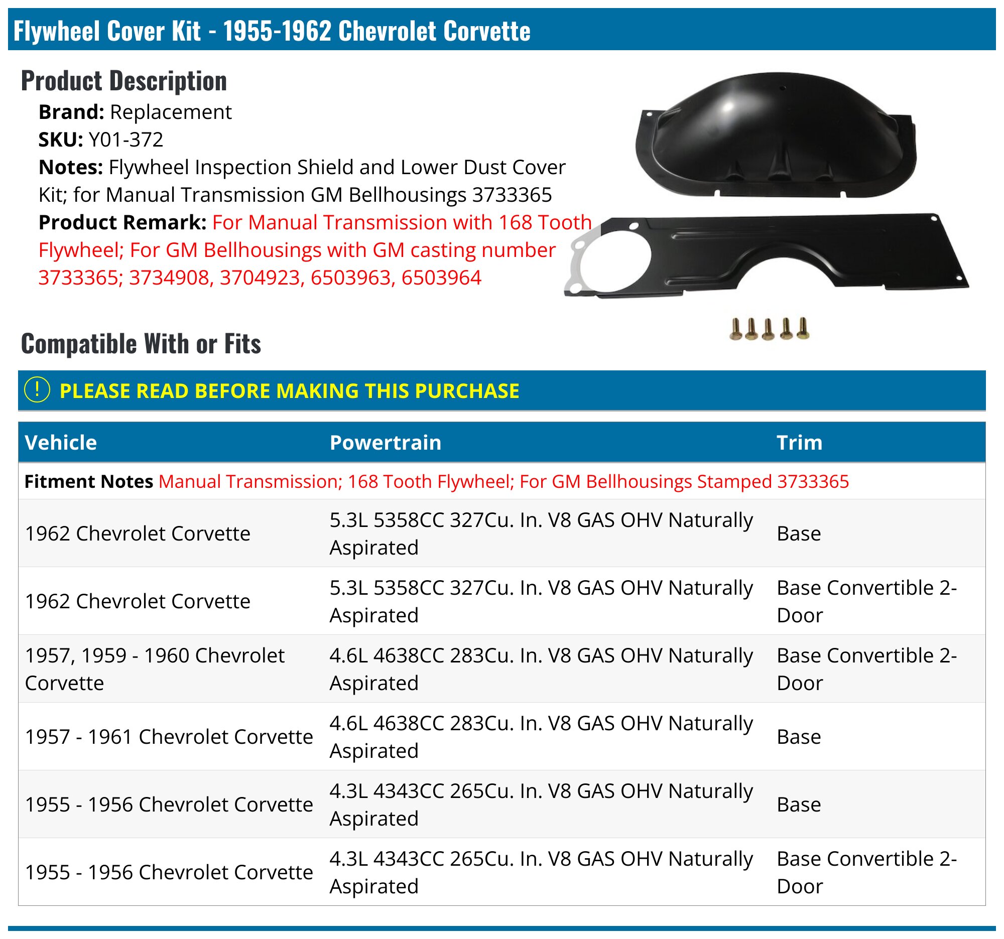 1955-1962 Chevrolet Corvette Flywheel Cover Kit - Replacement Y01-372 ...