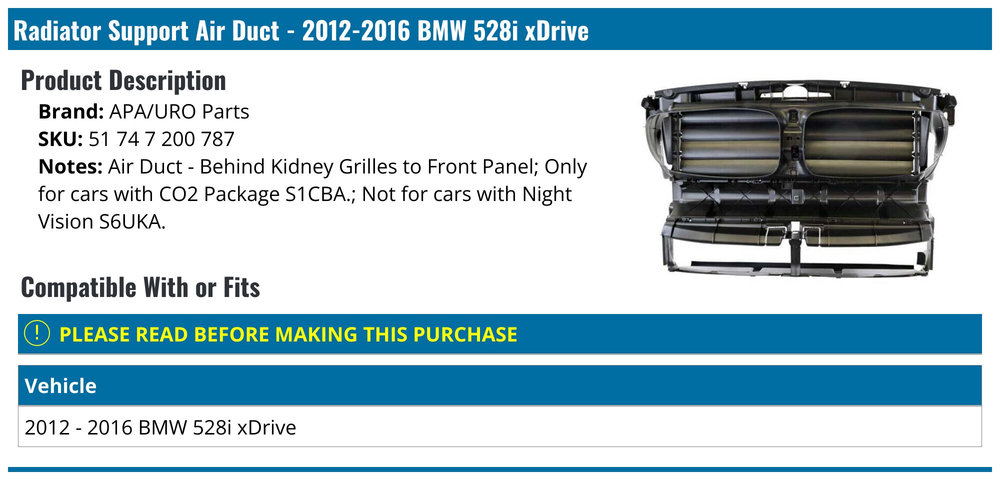 2012-2016 BMW 528i xDrive Radiator Support Air Duct - APA/URO Parts 51 ...