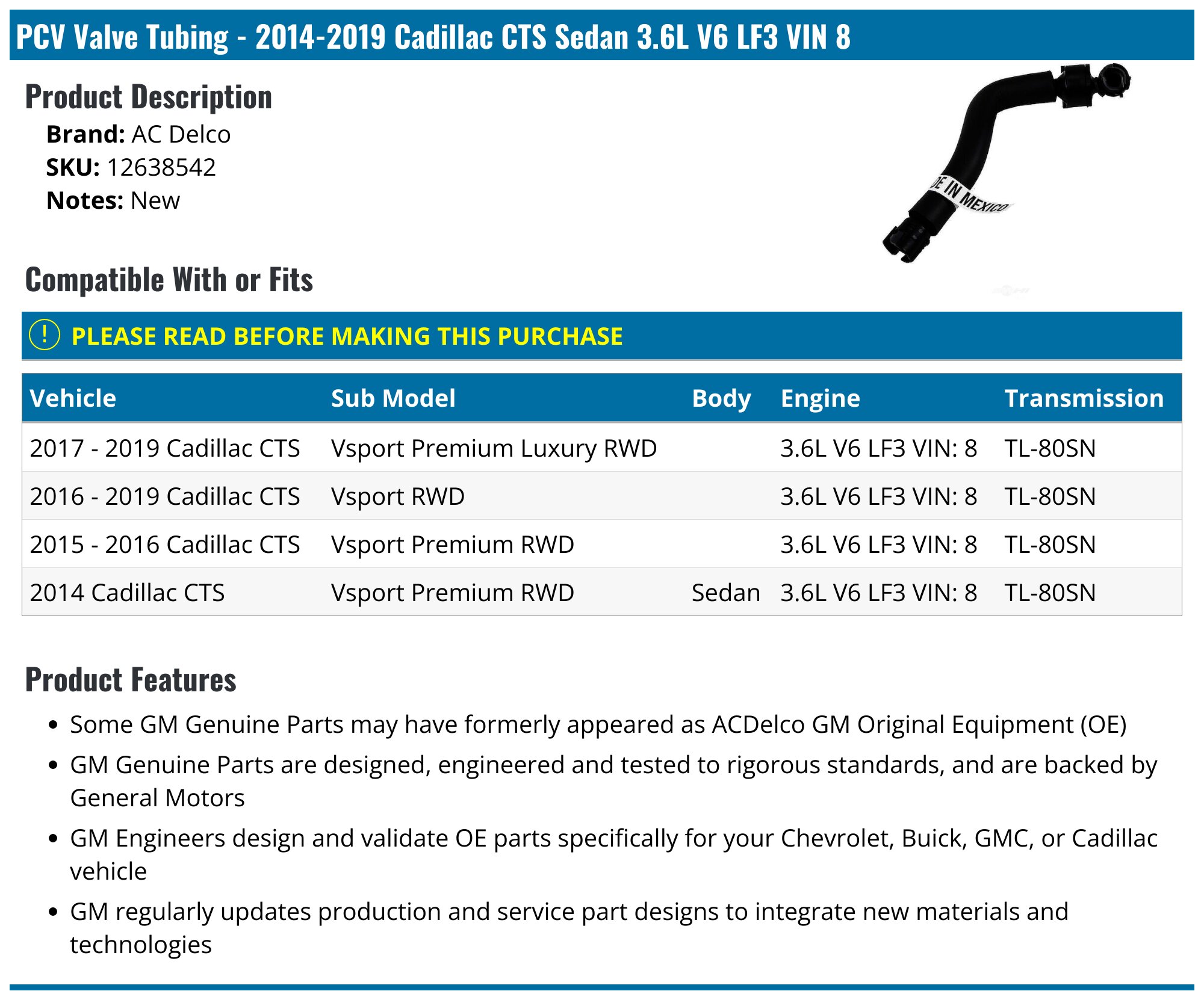 2014-2019 Cadillac CTS PCV Hose - AC Delco 12638542 - PartsGeek.com