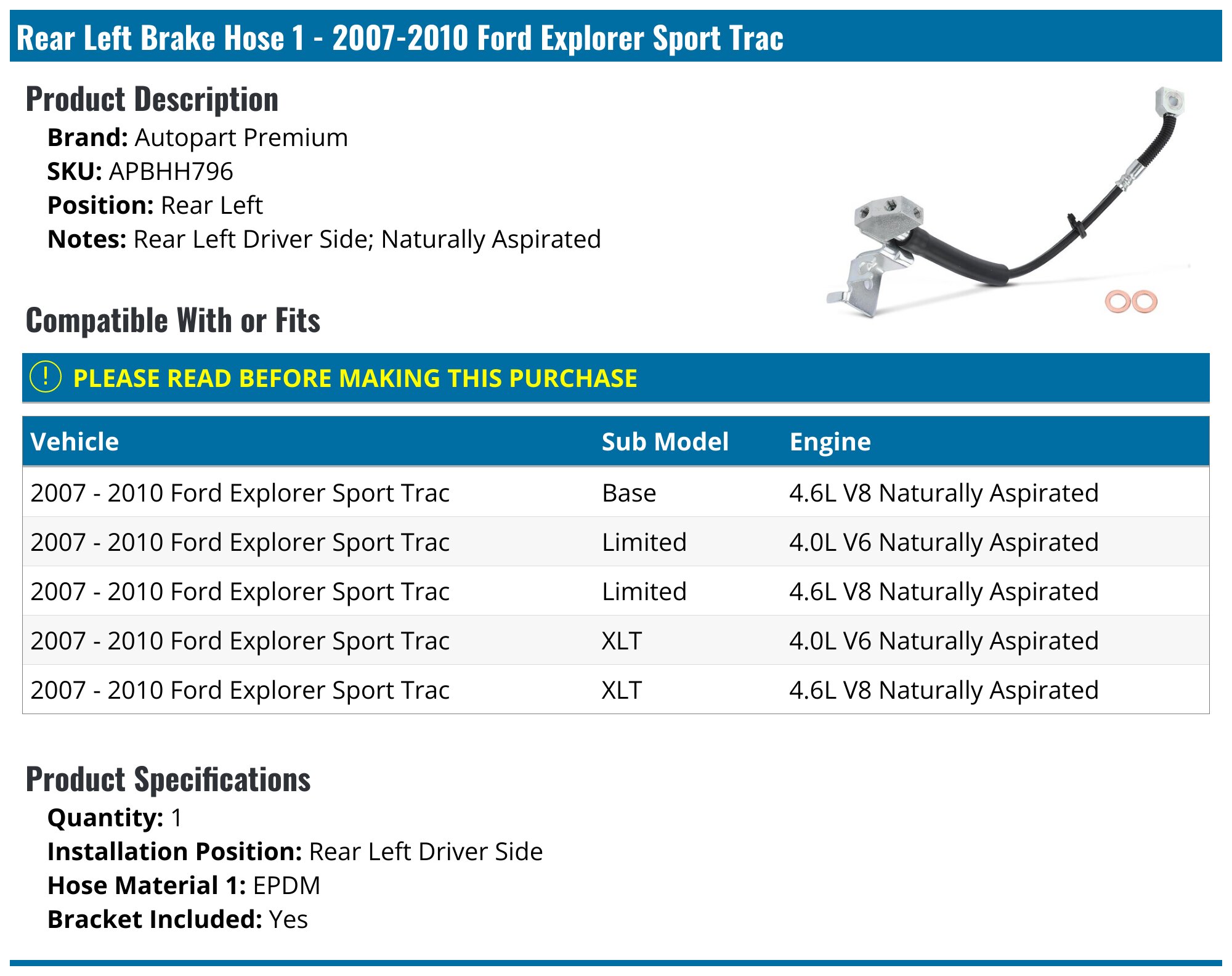 2007-2010 Ford Explorer Sport Trac Brake Hose - Autopart Premium ...