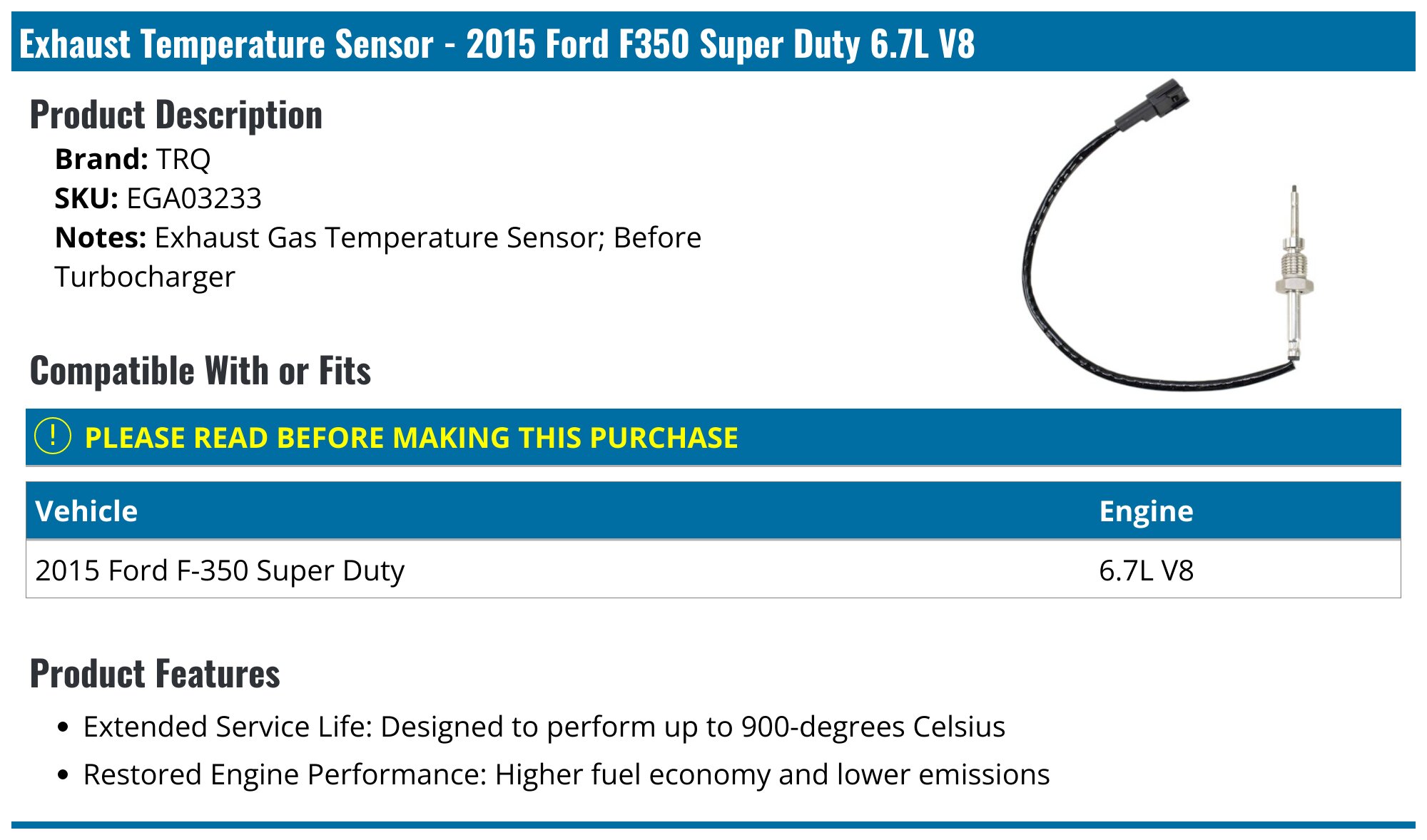 2015-2022 Ford F350 Super Duty Exhaust Temperature Sensor - TRQ ...