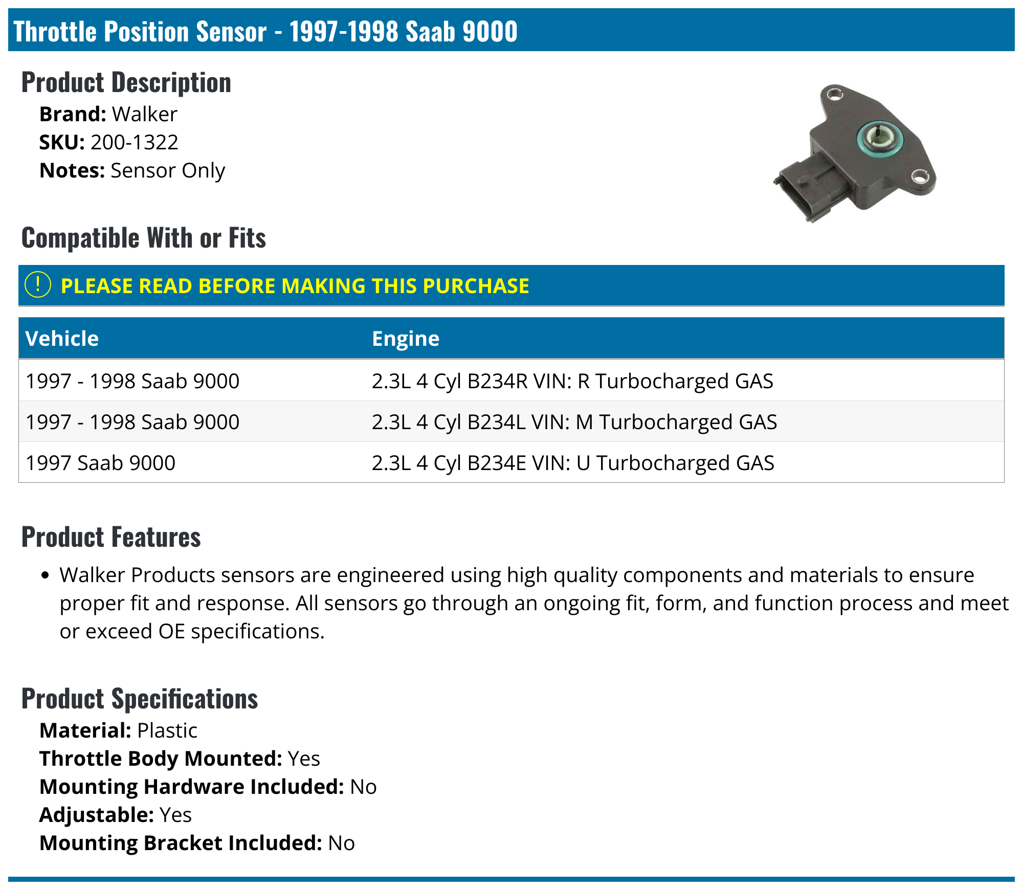 1997-1998 Saab 9000 Throttle Position Sensor - Walker 200-1322 ...