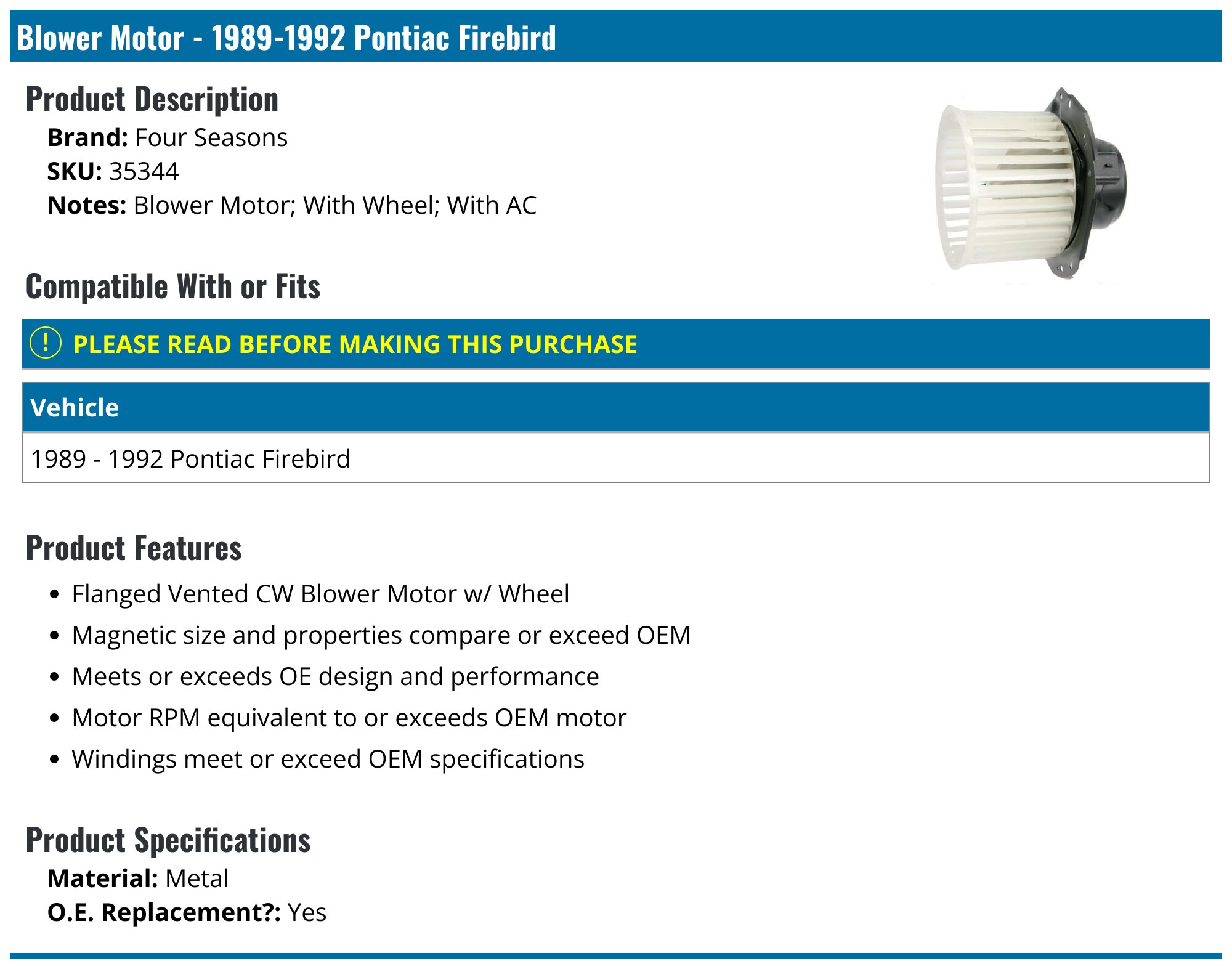 1989-1992 Pontiac Firebird Blower Motor - Four Seasons 35344 ...