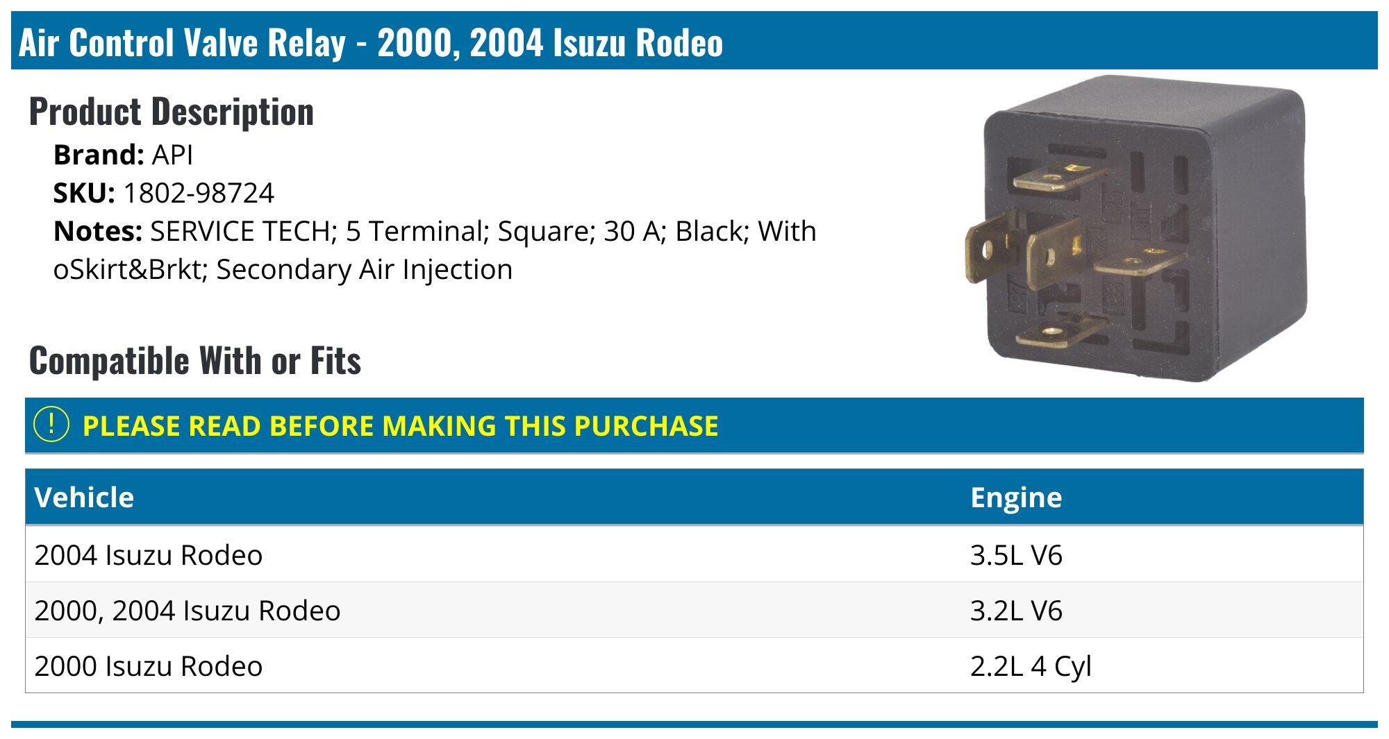 2000, 2004 Isuzu Rodeo Air Control Valve Relay - API 1312-07666281 ...