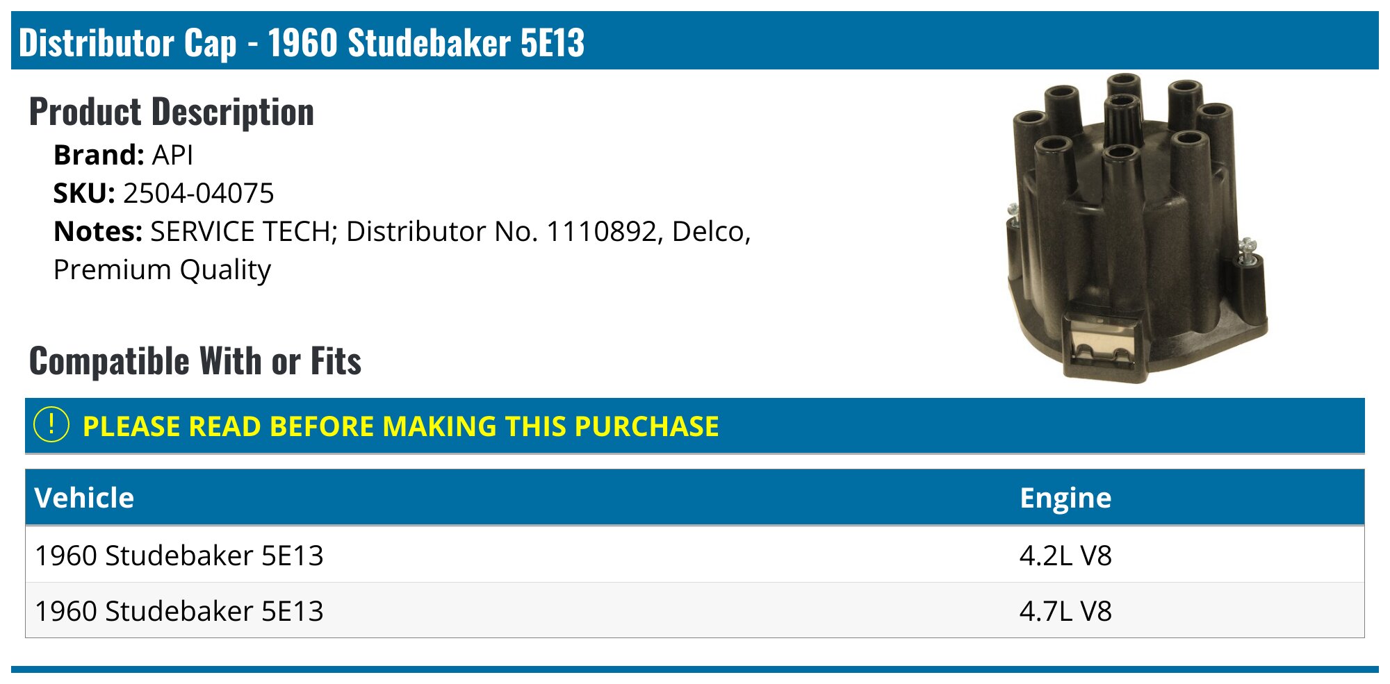 1960 Studebaker 5E13 Distributor Cap - API 116952-07760685 - PartsGeek.com