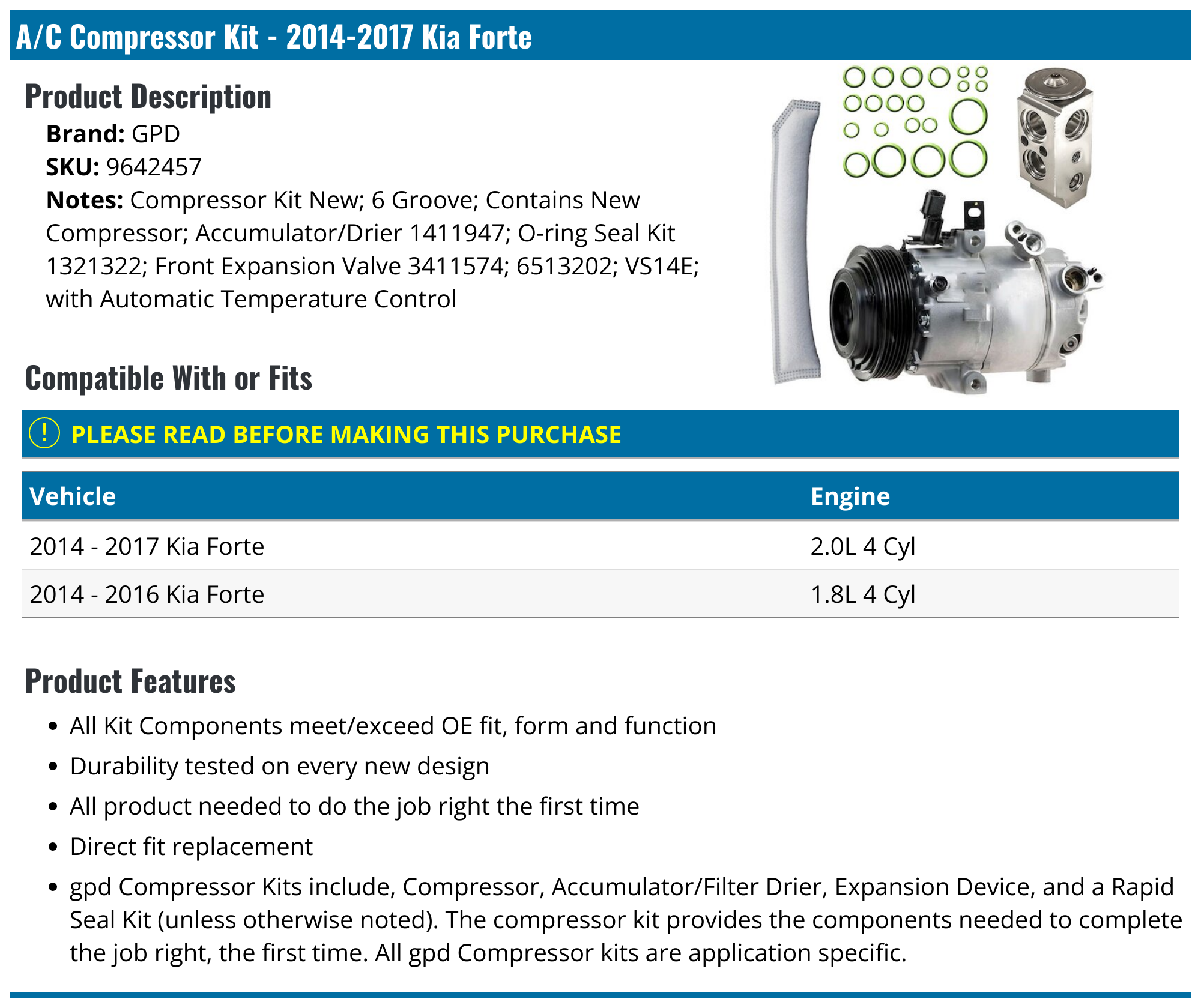 2014-2017 Kia Forte A/C Compressor - GPD 9642457 - PartsGeek.com
