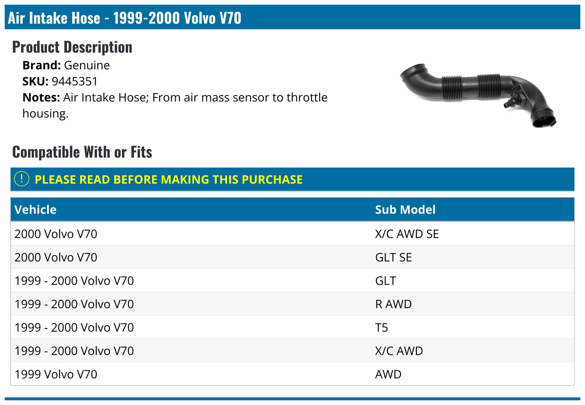 1999-2000 Volvo V70 Air Intake Hose - Genuine 9445351 - PartsGeek.com