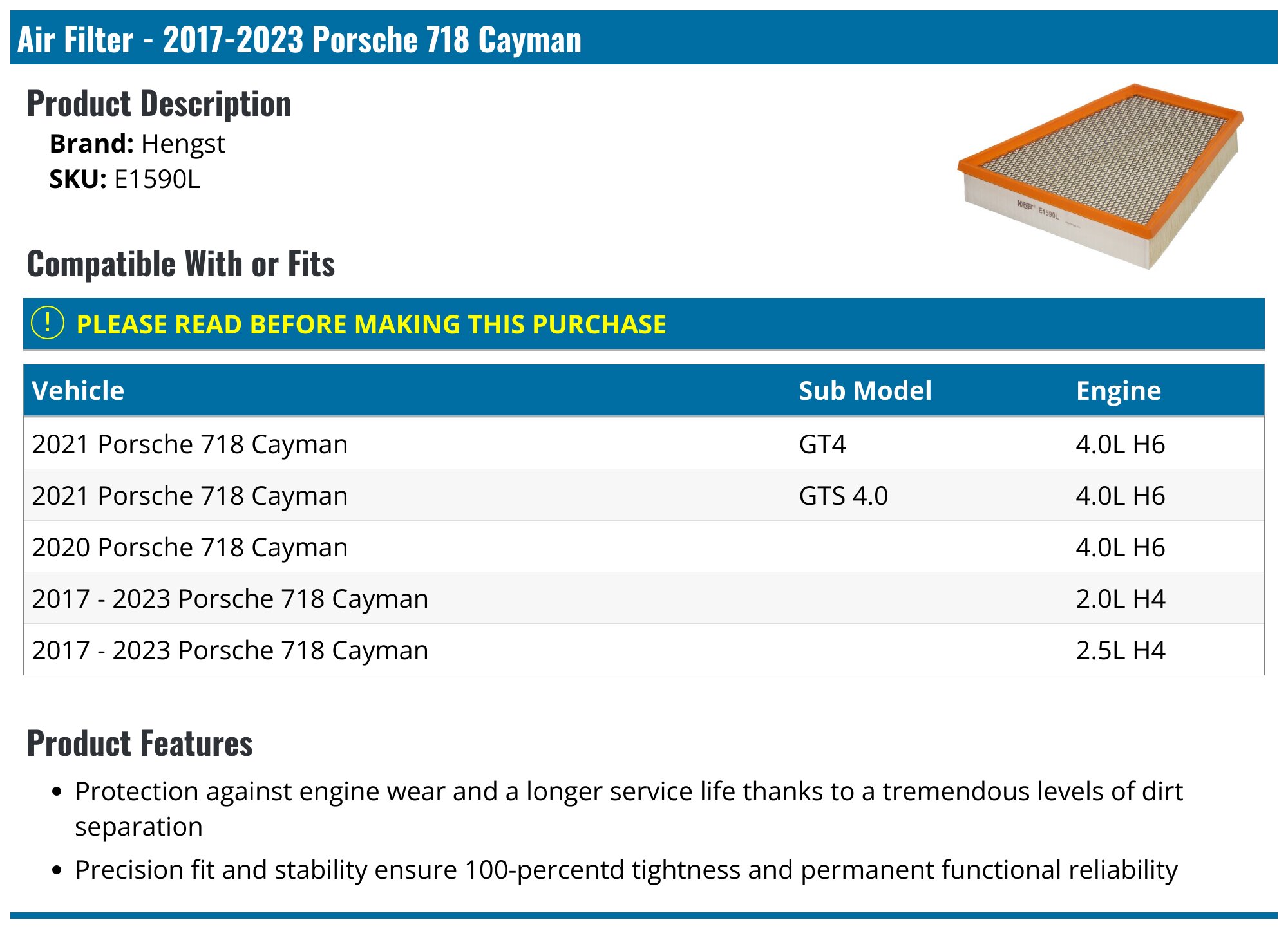 2017-2025 Porsche 718 Cayman Air Filter - Hengst E1590L - PartsGeek.com
