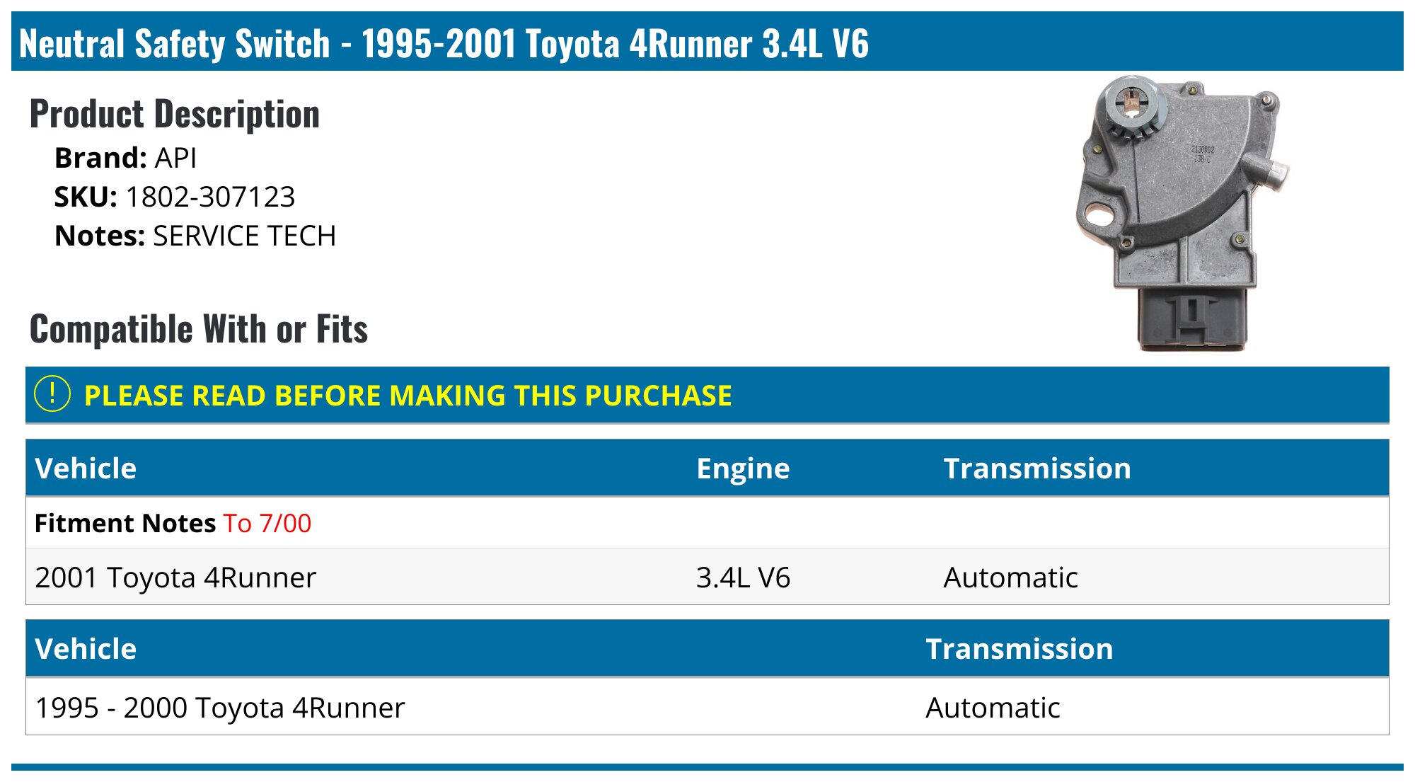 Toyota Neutral Safety Switch | Camry Tacoma 4Runner RAV4 - 2007 2006 ...