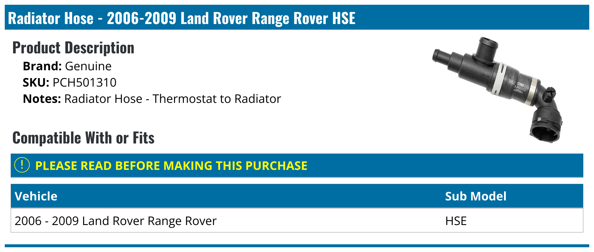2006-2009 Land Rover Range Rover Radiator Hose - Genuine PCH501310 ...